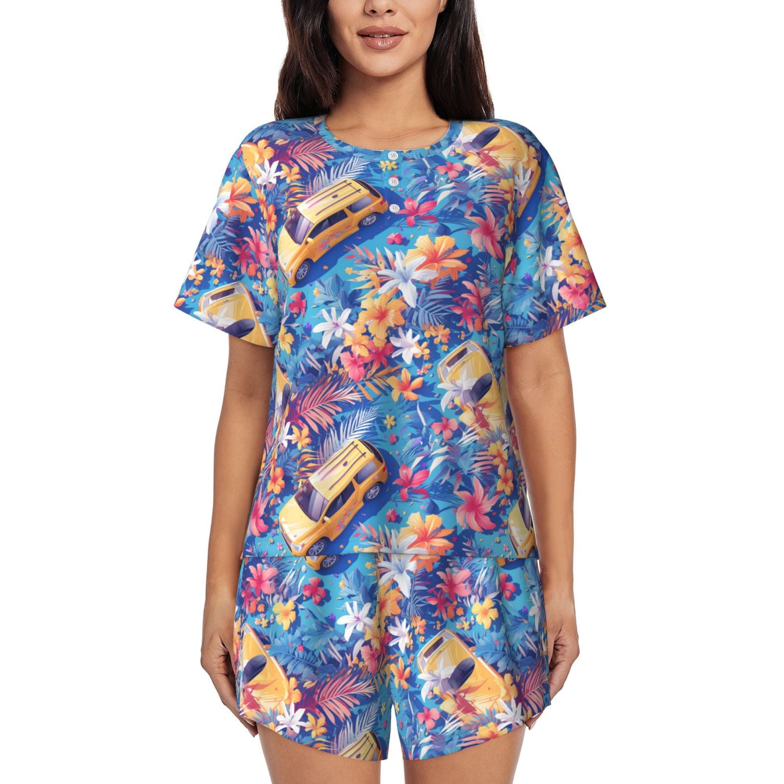 Pajamas For Women Set, Yellow Car Colorful Flower Pj Lounge Sets For ...