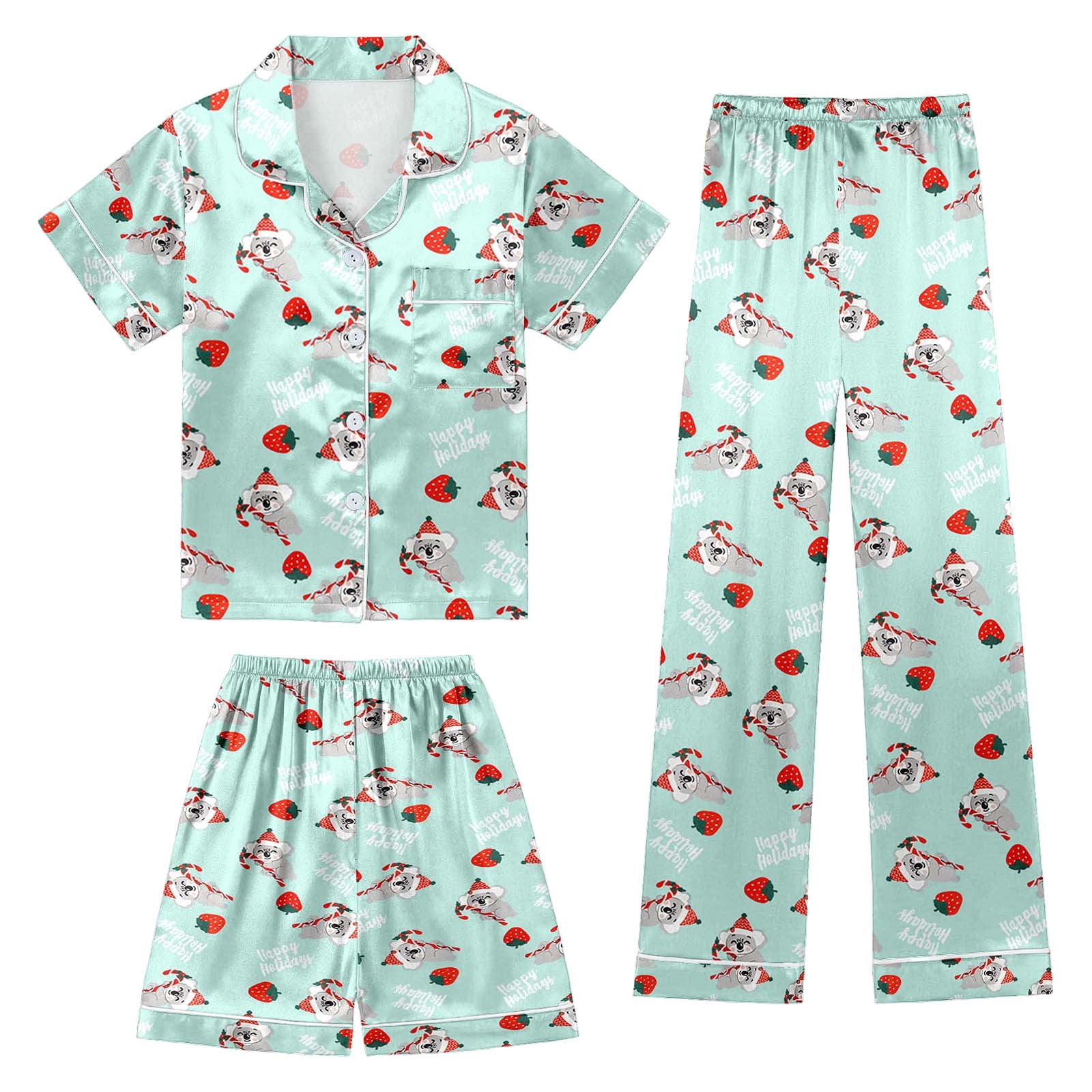Pajamas for Girls 3pcs Button Down Pjs Short Sleeve Top Shorts & Long ...