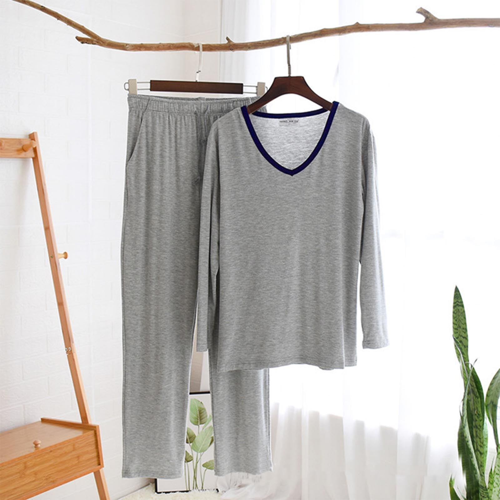 Pajamas Men Fashion Pajama Solid Casual V-Neck Long Sleeve Pants Set ...
