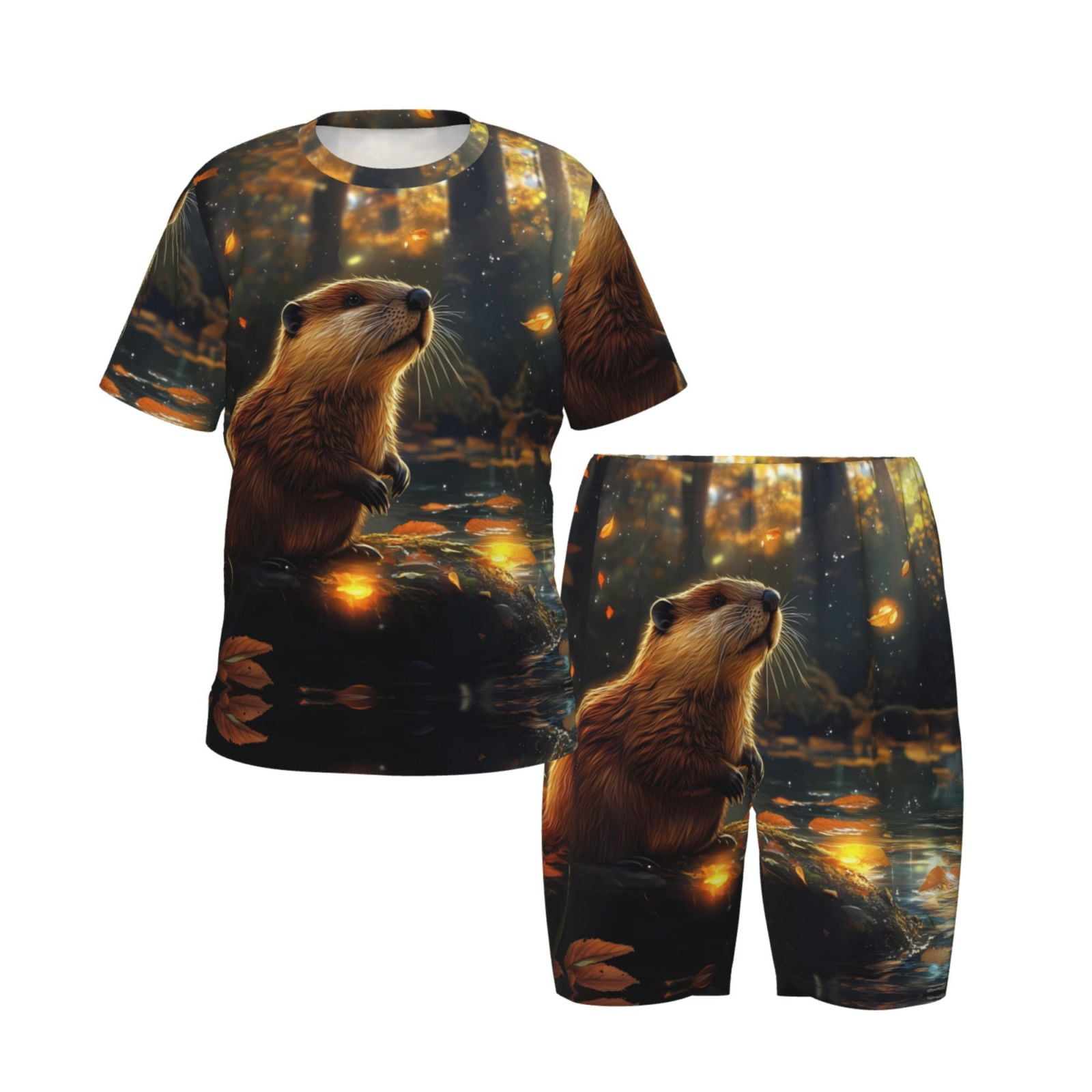 Pajamas Set For Boys and Girls, Autumn Maple Leaf Riverside Beaver 2 ...