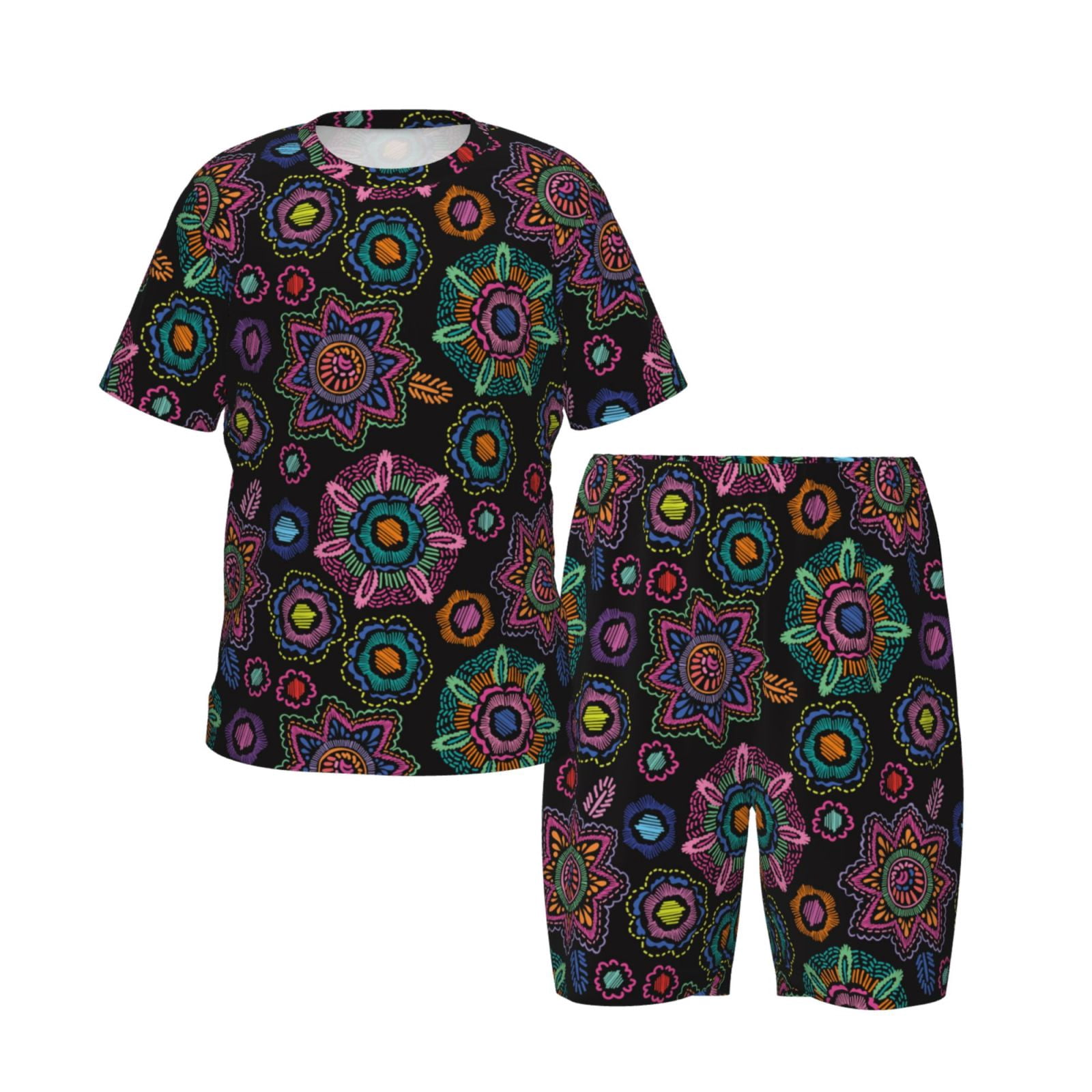 Pajamas Set For Boys and Girls, Colorful Cartoon Flowers 2 Piece Short ...