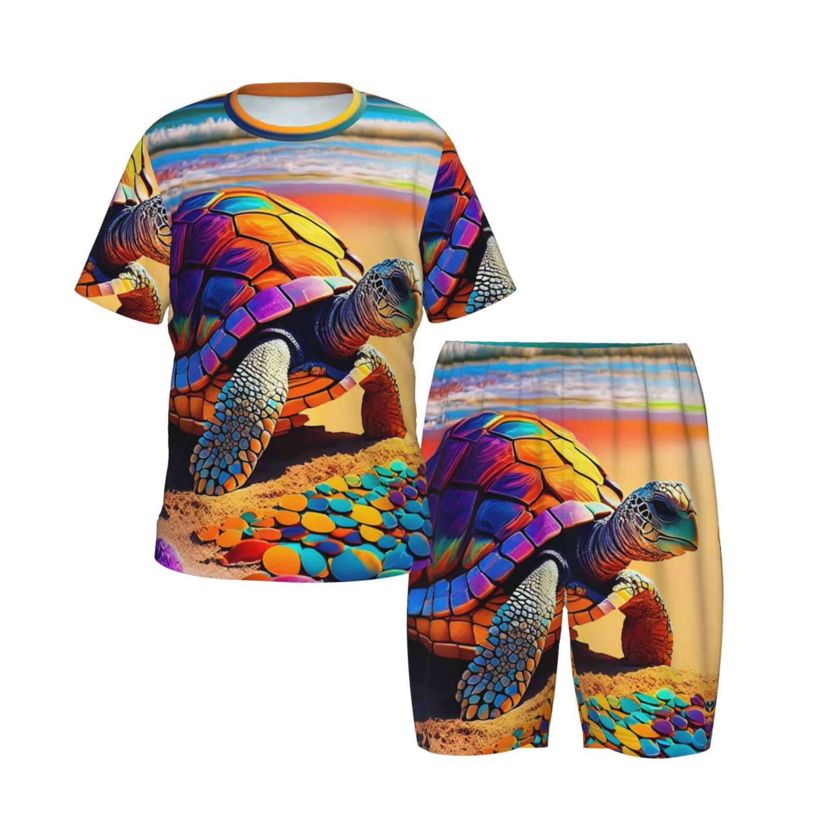 Pajamas Set For Boys and Girls, Colorful Turtle on Beach 2 Piece Short ...