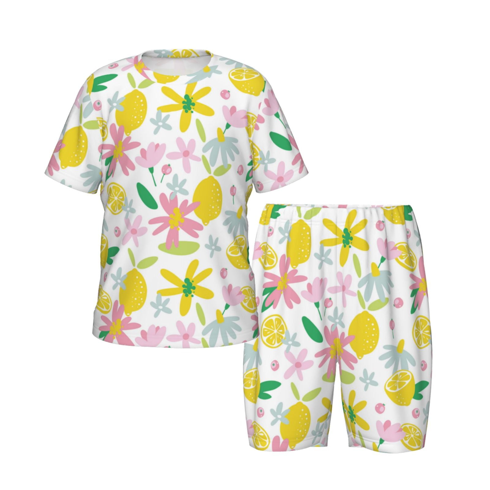 Pajamas Set For Boys and Girls, Cute Lemon Pink Flowers 2 Piece Short ...