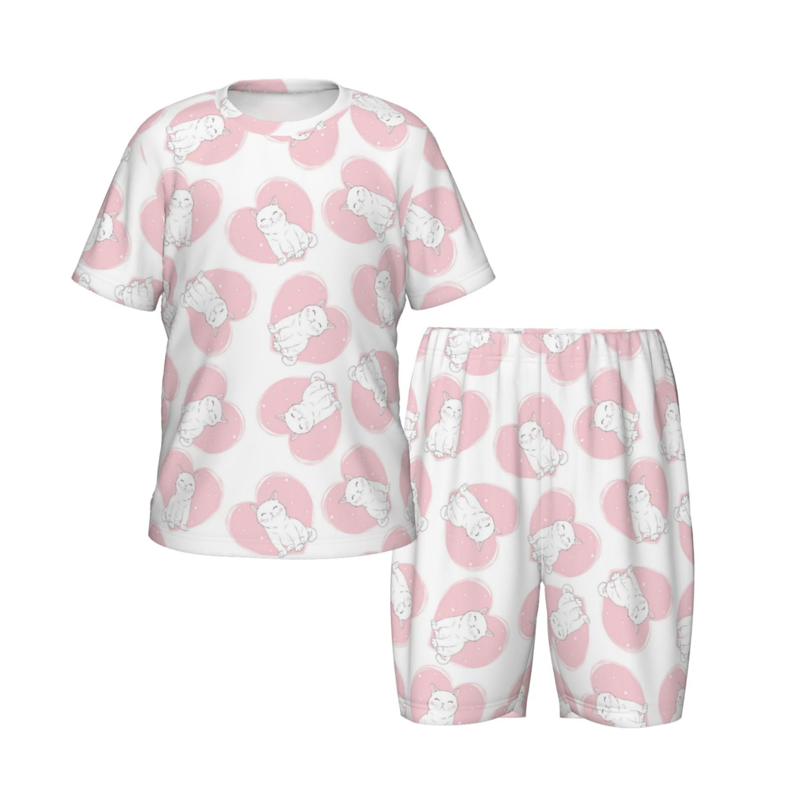 Pajamas Set For Boys and Girls, Cute Pink Loving Cartoon Cat 2 Piece ...