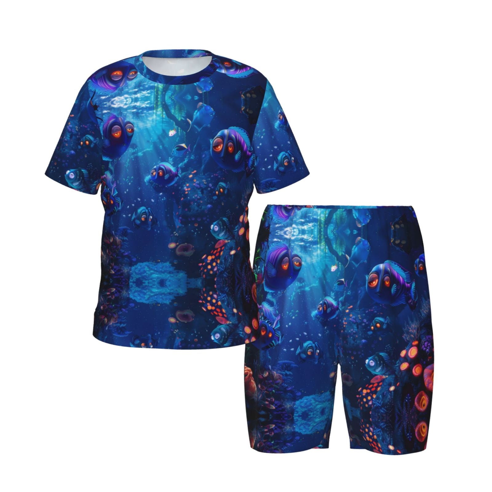 Pajamas Set For Boys and Girls, Deep Sea Glowing Fishes 2 Piece Short ...