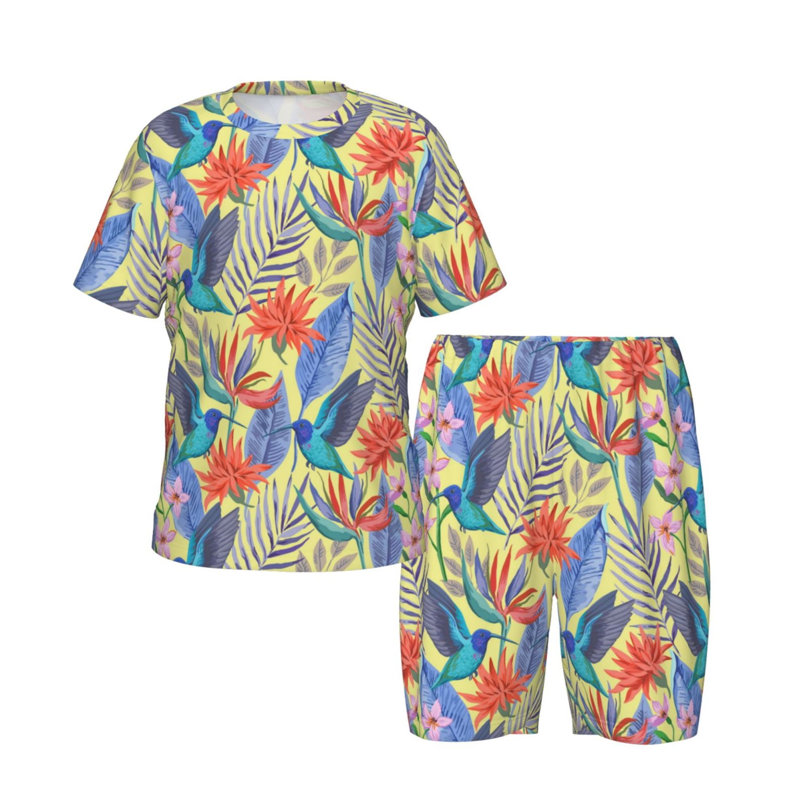 Pajamas Set For Boys and Girls, Exotic Flowers and Birds 2 Piece Short ...