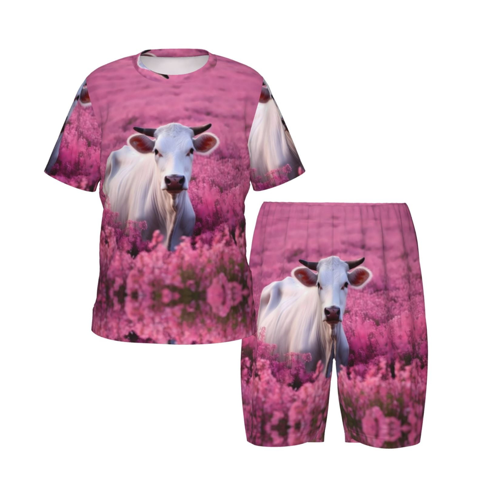Pajamas Set For Boys and Girls, Pink Flower Field Cow 2 Piece Short ...