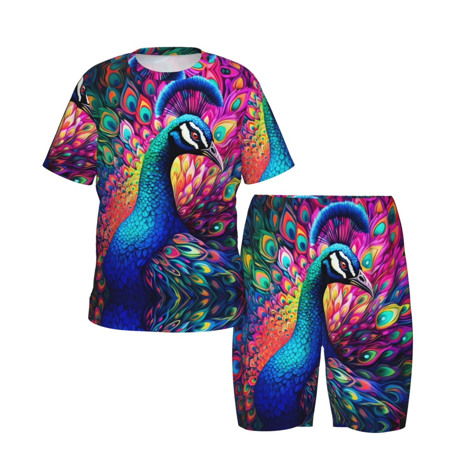 Pajamas Set For Boys and Girls, Rainbow Colorful Peacock 2 Piece Short ...