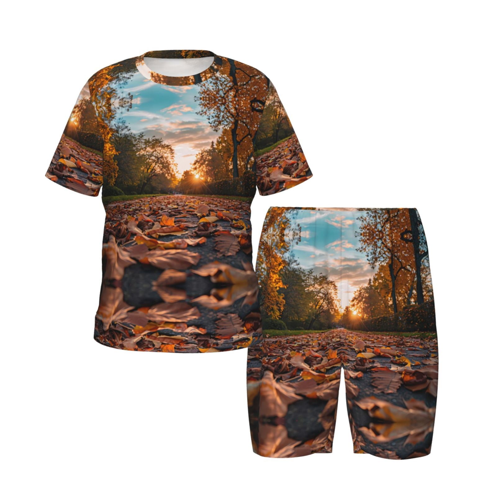 Pajamas Set For Boys and Girls, Sunset Autumn Leaf Path 2 Piece Short ...