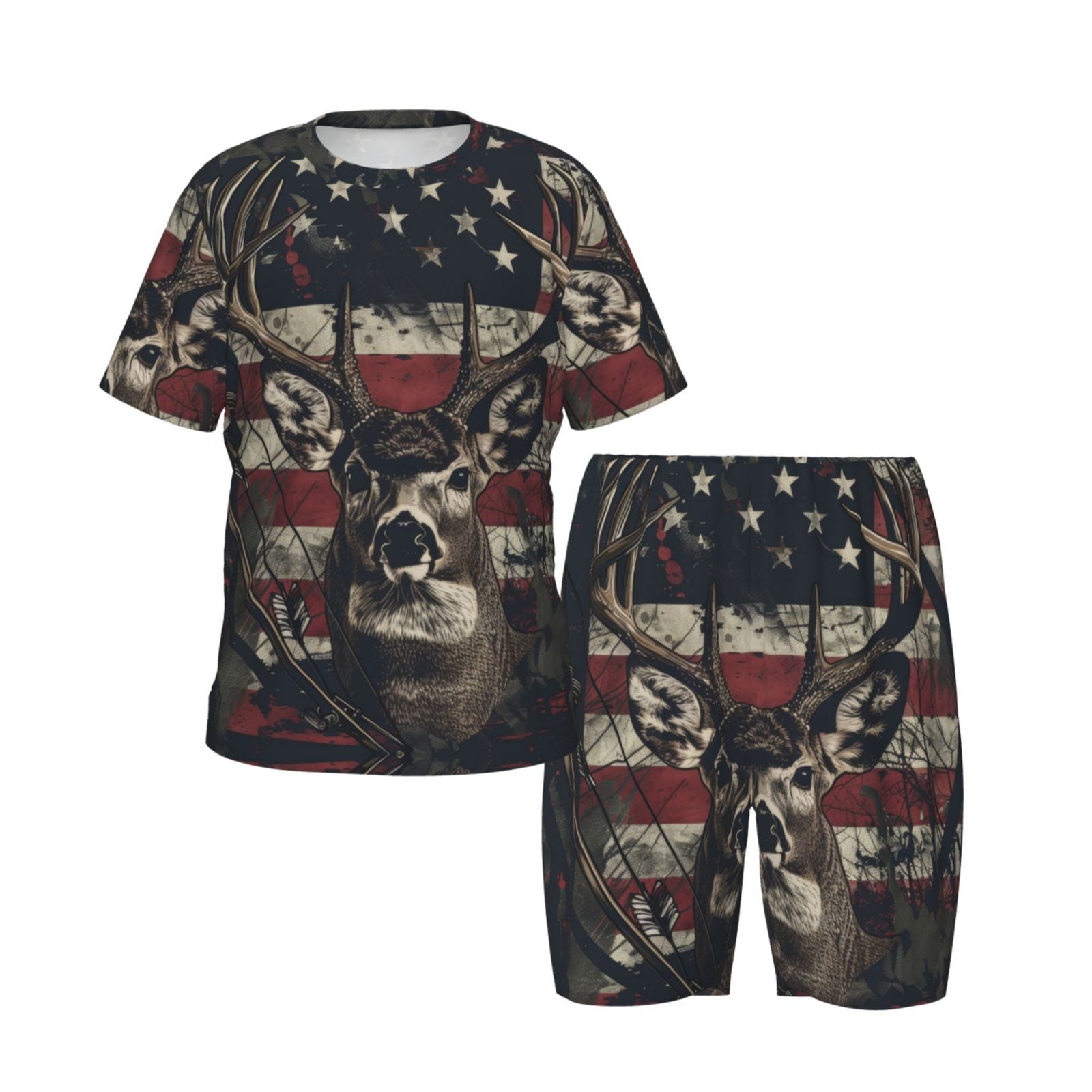Pajamas Set For Boys and Girls, USA Flag Deer Art 2 Piece Short Sleeve ...