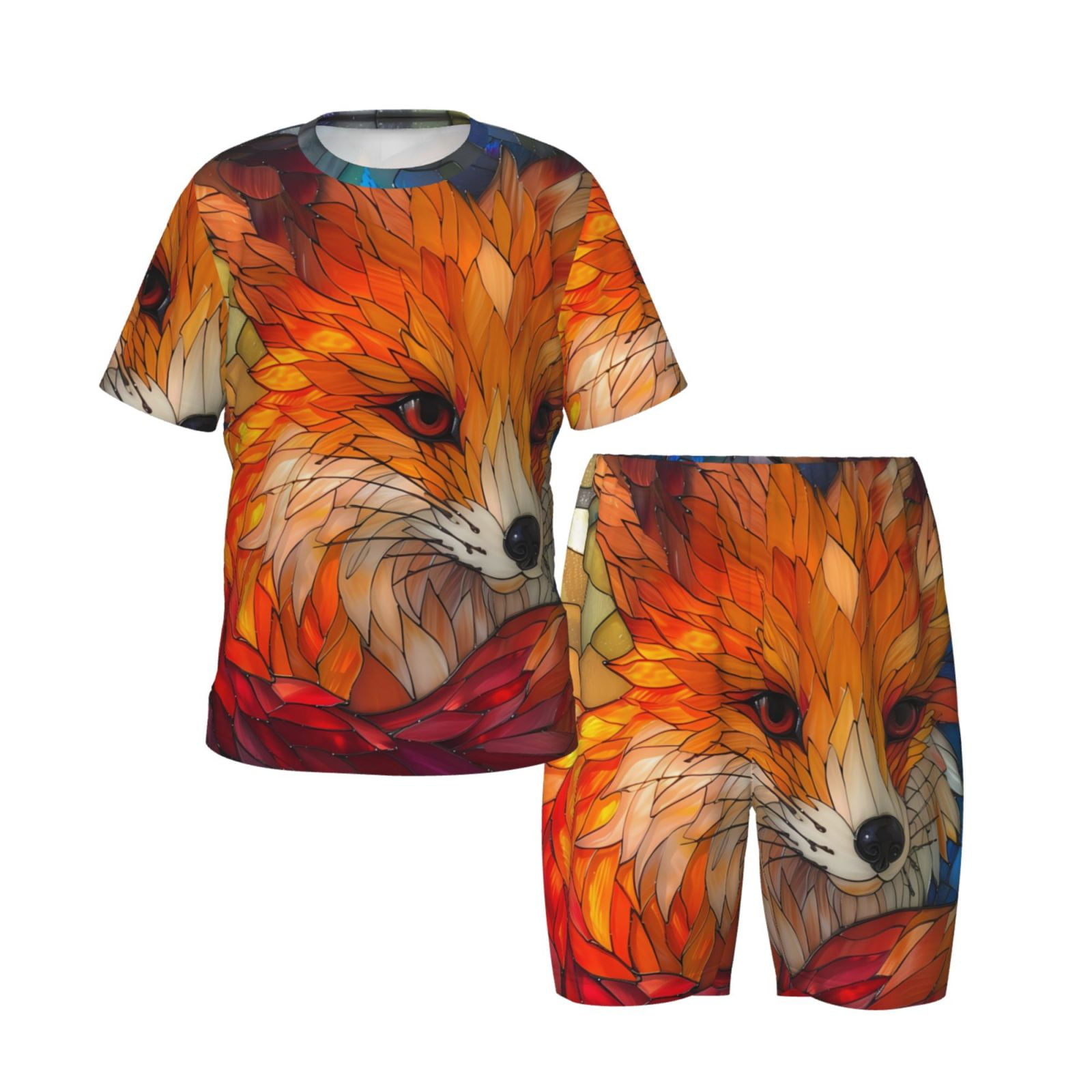 Pajamas Set For Boys and Girls, Vintage Stained Glass Fox 2 Piece Short ...