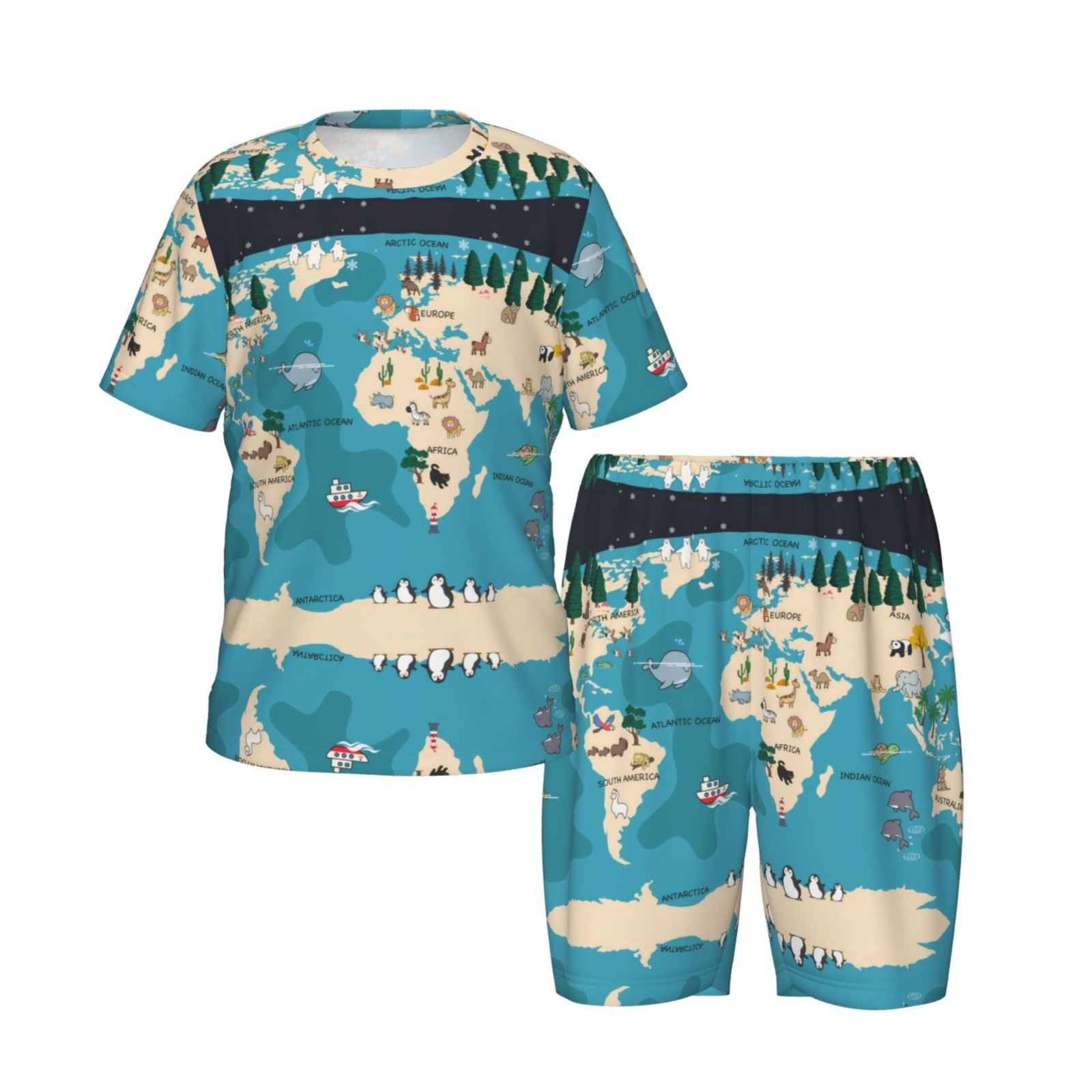 Pajamas Set For Boys and Girls, World Map With Animal 2 Piece Short ...