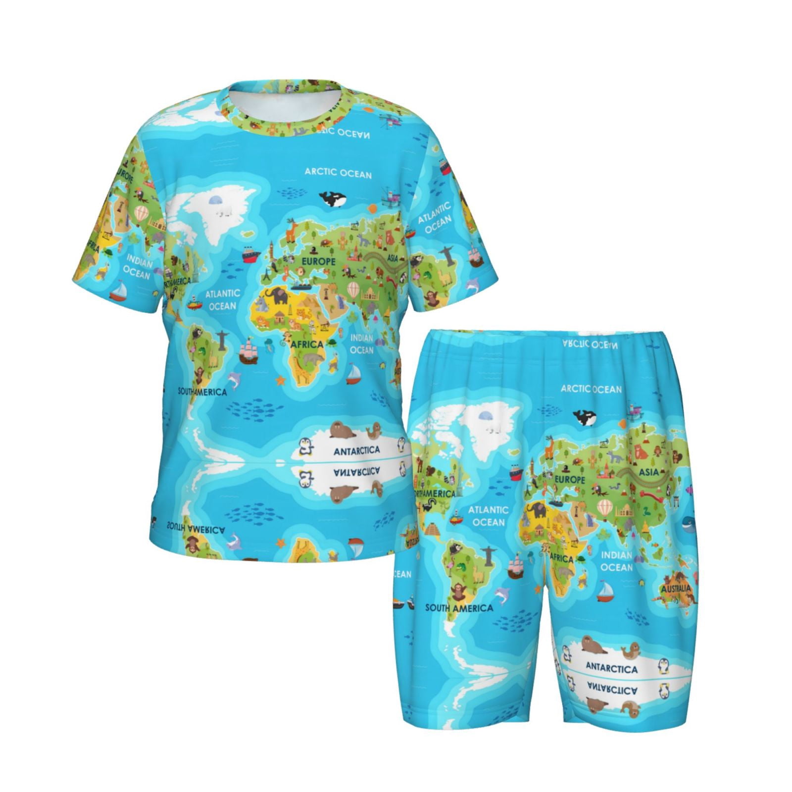 Pajamas Set For Boys and Girls, World Map With Animals Landmarks 2 ...