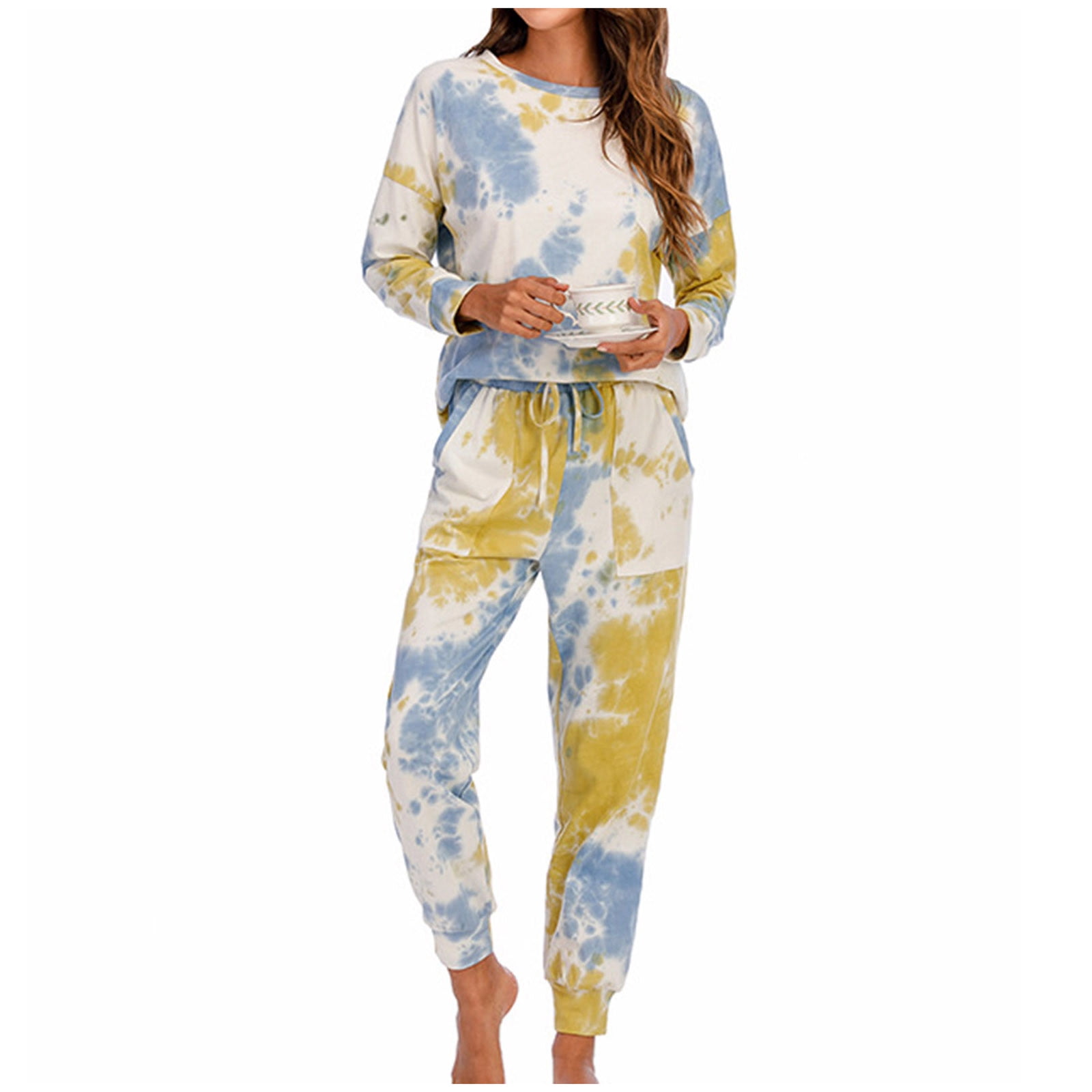 Pajamas Set for Women Casual Soft Tie Dye Crewneck Long Sleeve Tops and ...