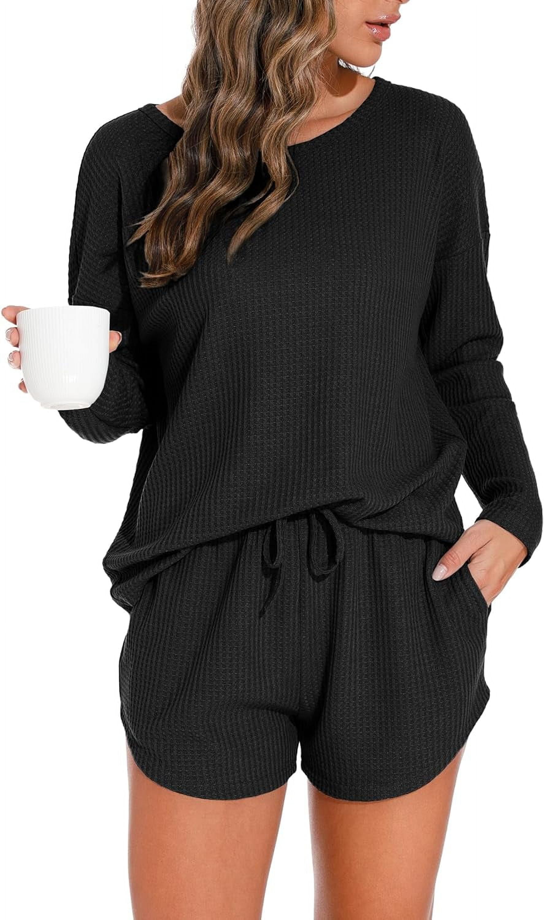 Pajamas Set for Women Waffle Knit Lounge Set 2 Piece Outfits Loungewear ...