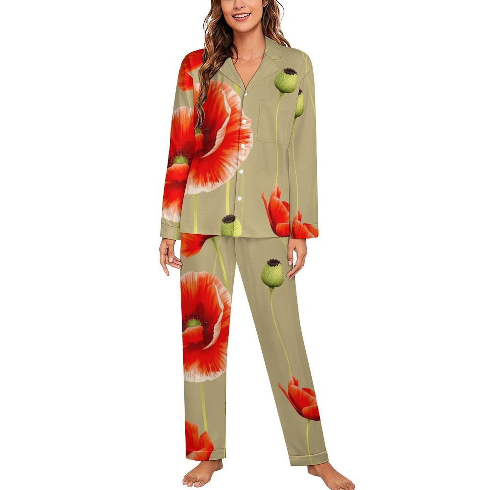 Pajamas Women Flower Red Poppy White Dirty Sleep Sleepwear Casual ...
