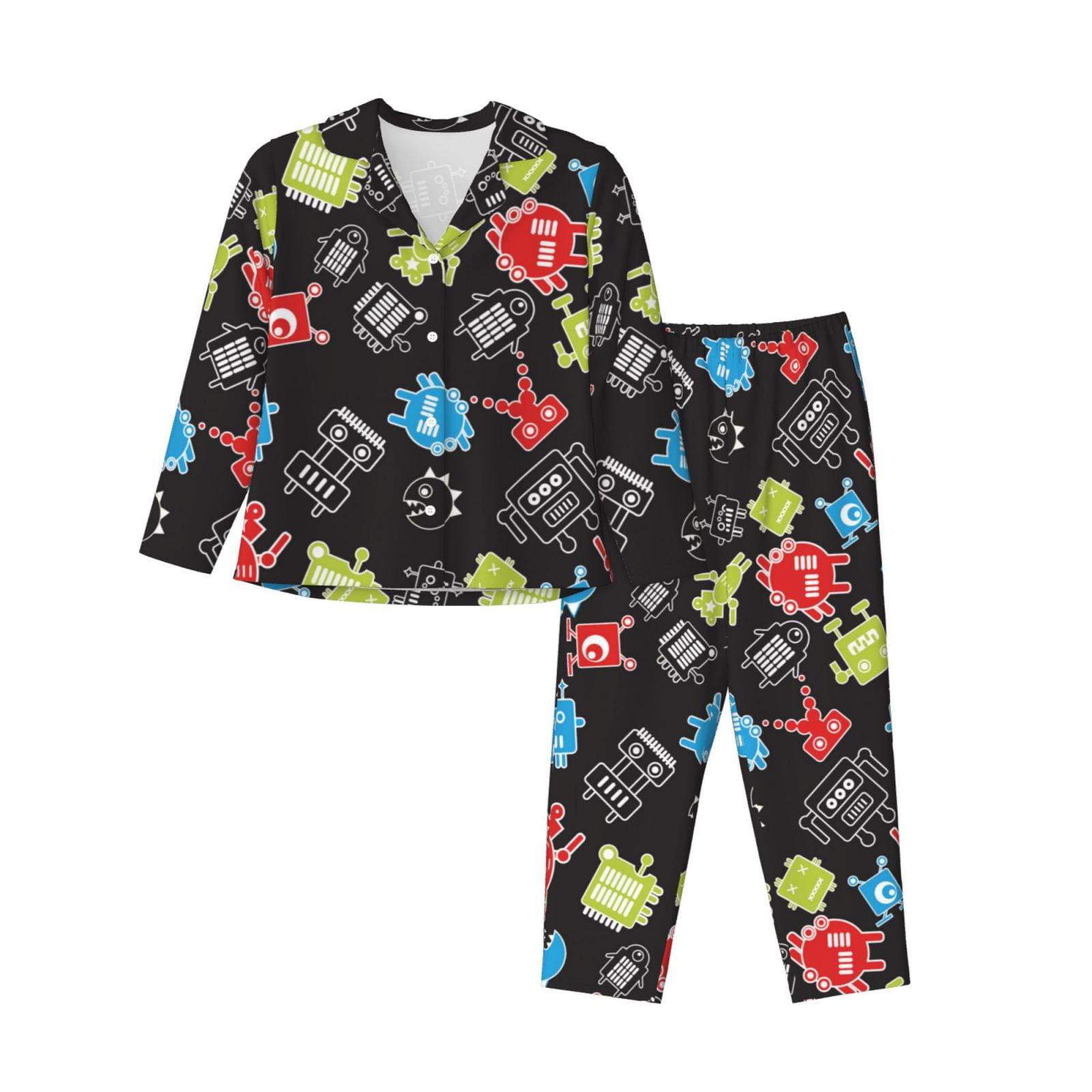 Pajamas for Women Set - Abstract Cartoon Robot Soft Comfy Long Sleeve ...