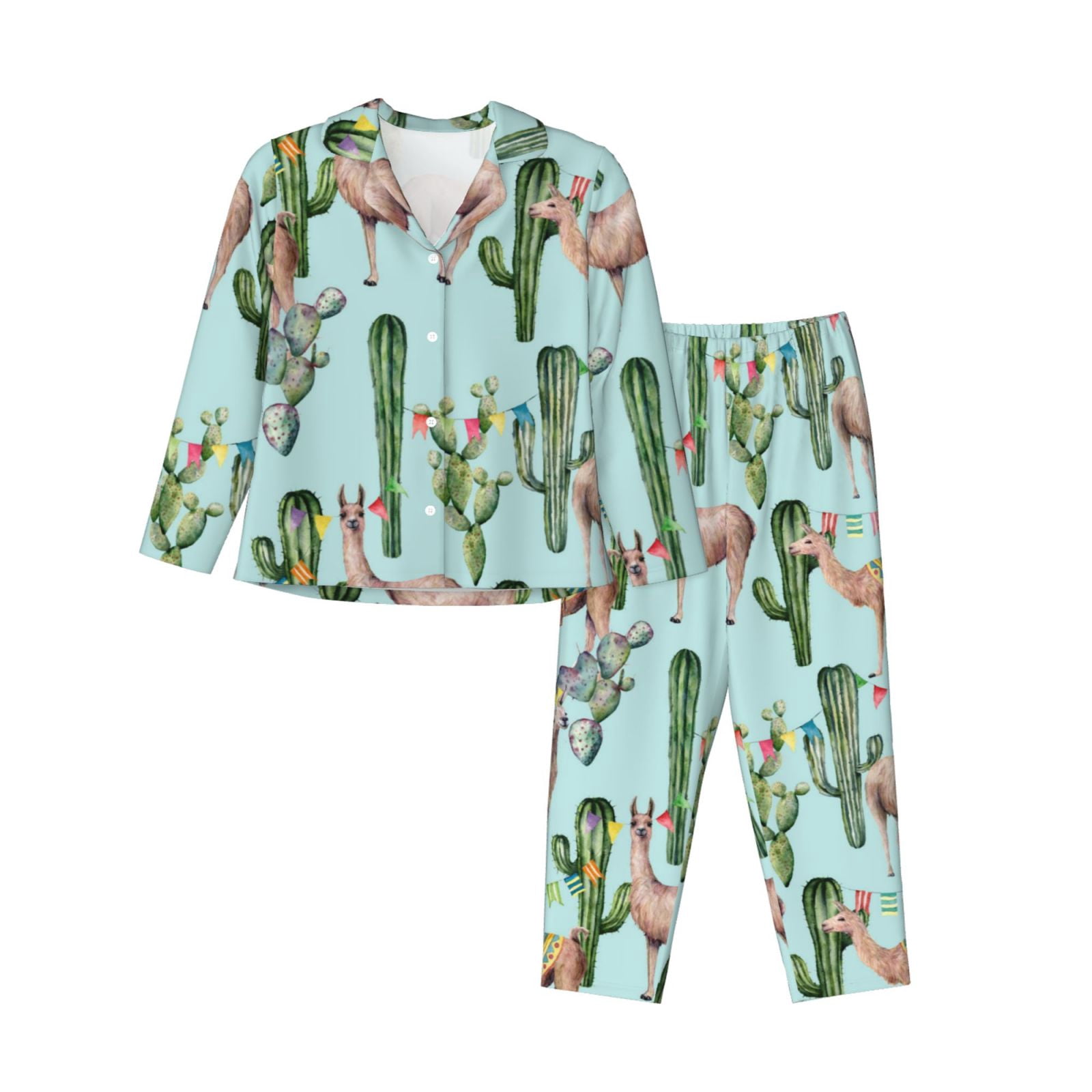 Pajamas for Women Set - Alpaca llama cactus flag green Comfy Long ...