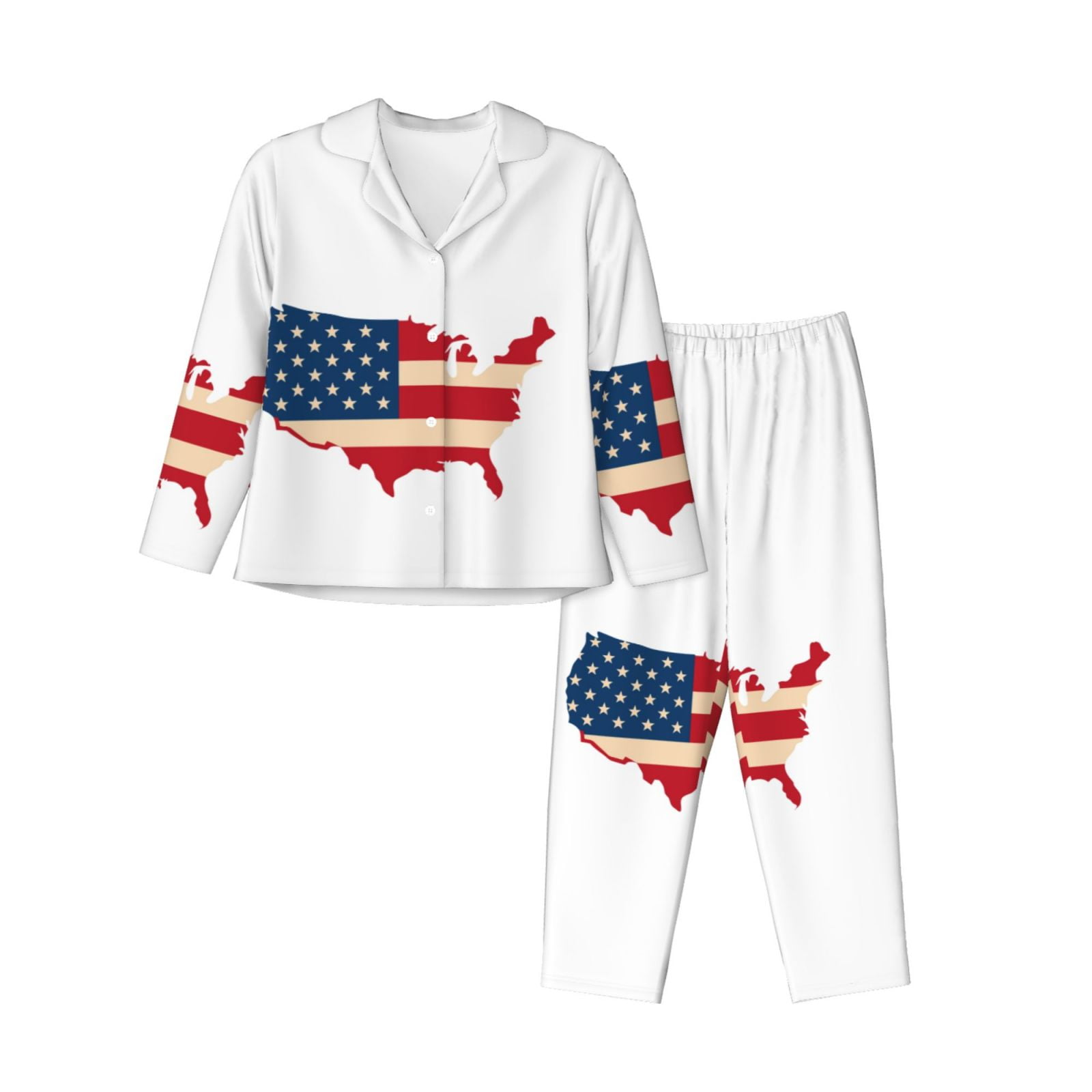 Pajamas for Women Set - American Flag Map Comfy Long Sleeve Button Up ...
