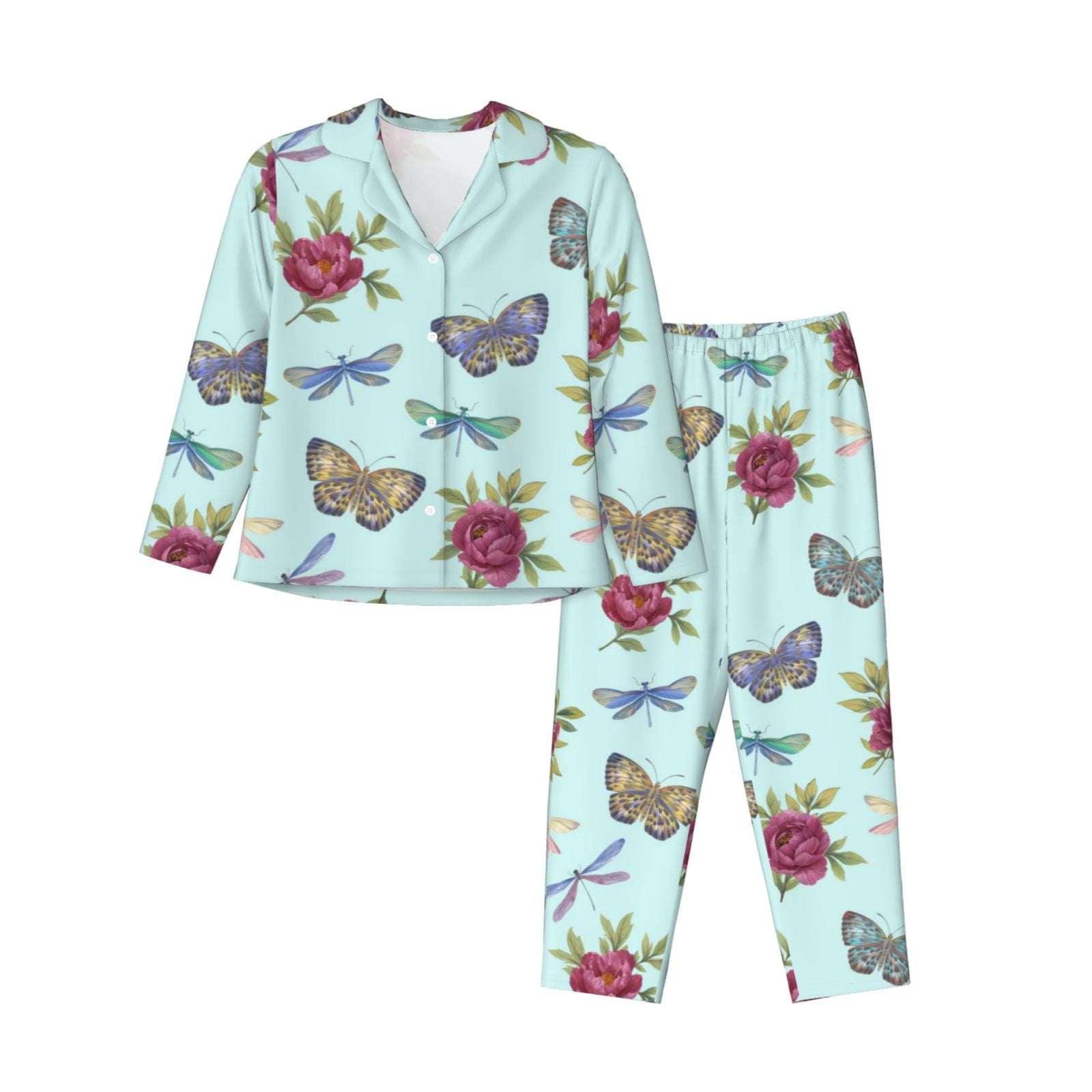 Pajamas for Women Set - Butterfly Dragonfly Carnation Comfy Long Sleeve ...