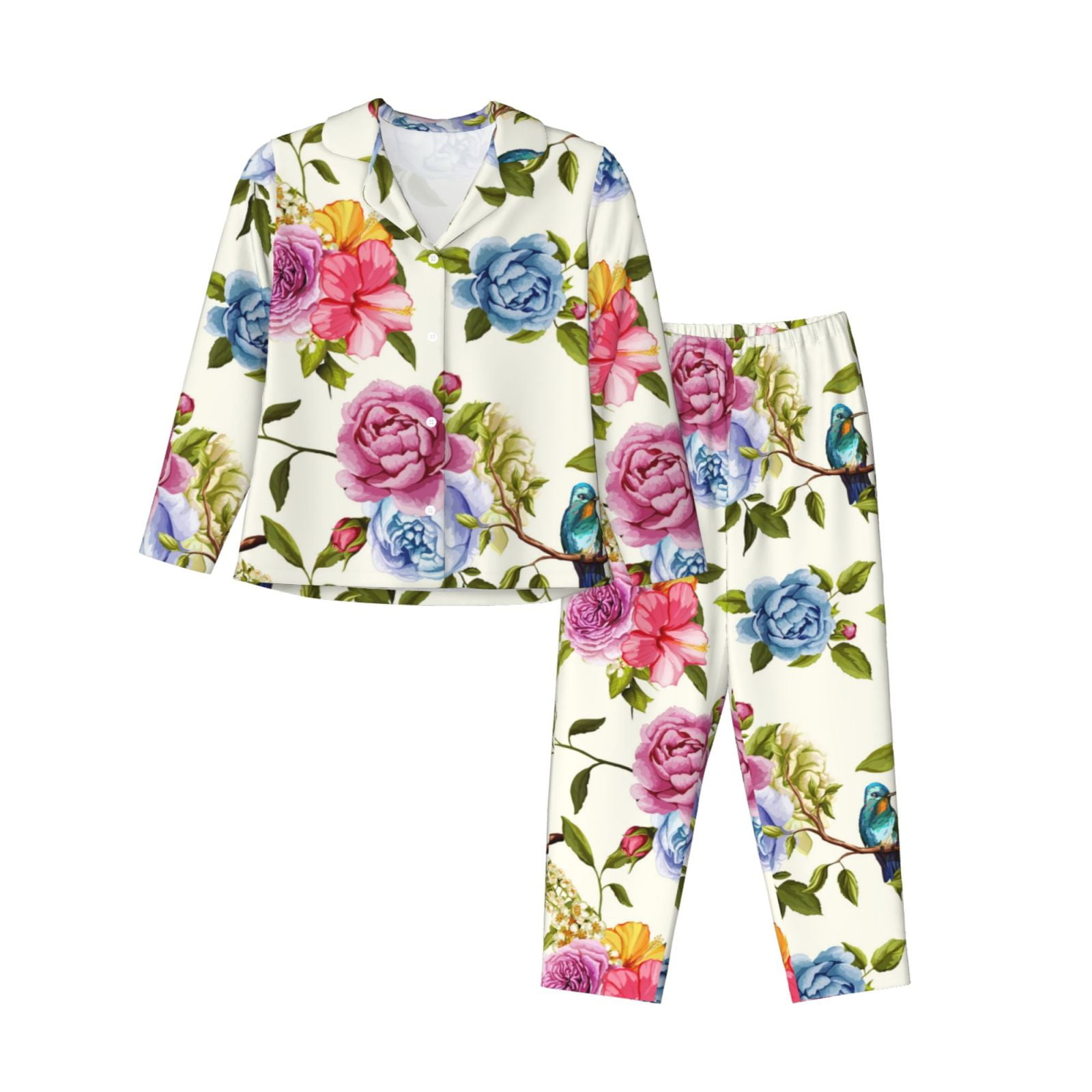 Pajamas for Women Set - Carnation Hummingbird Pattern Comfy Long Sleeve ...