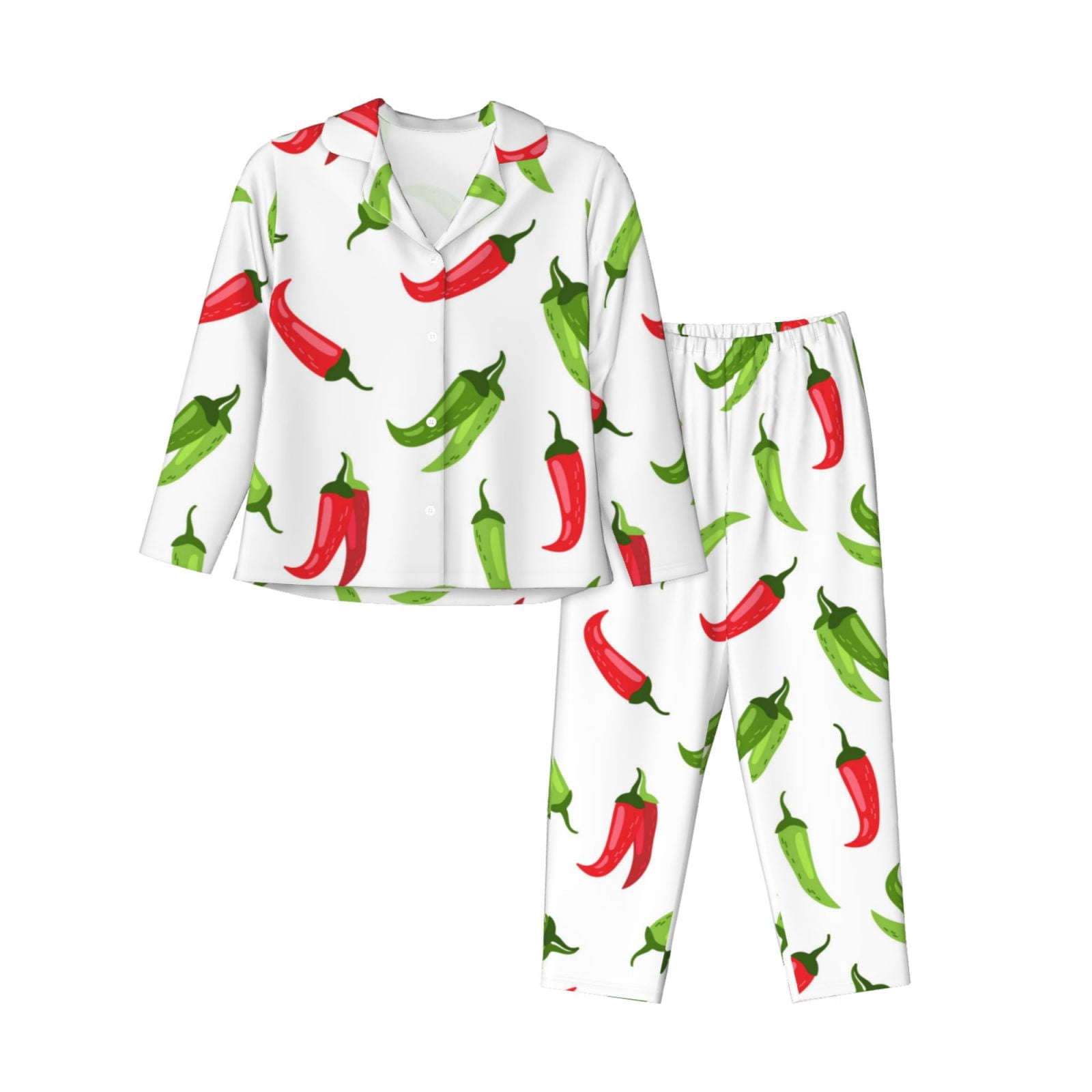 Pajamas for Women Set - Chili Pepper green Comfy Long Sleeve Button Up ...