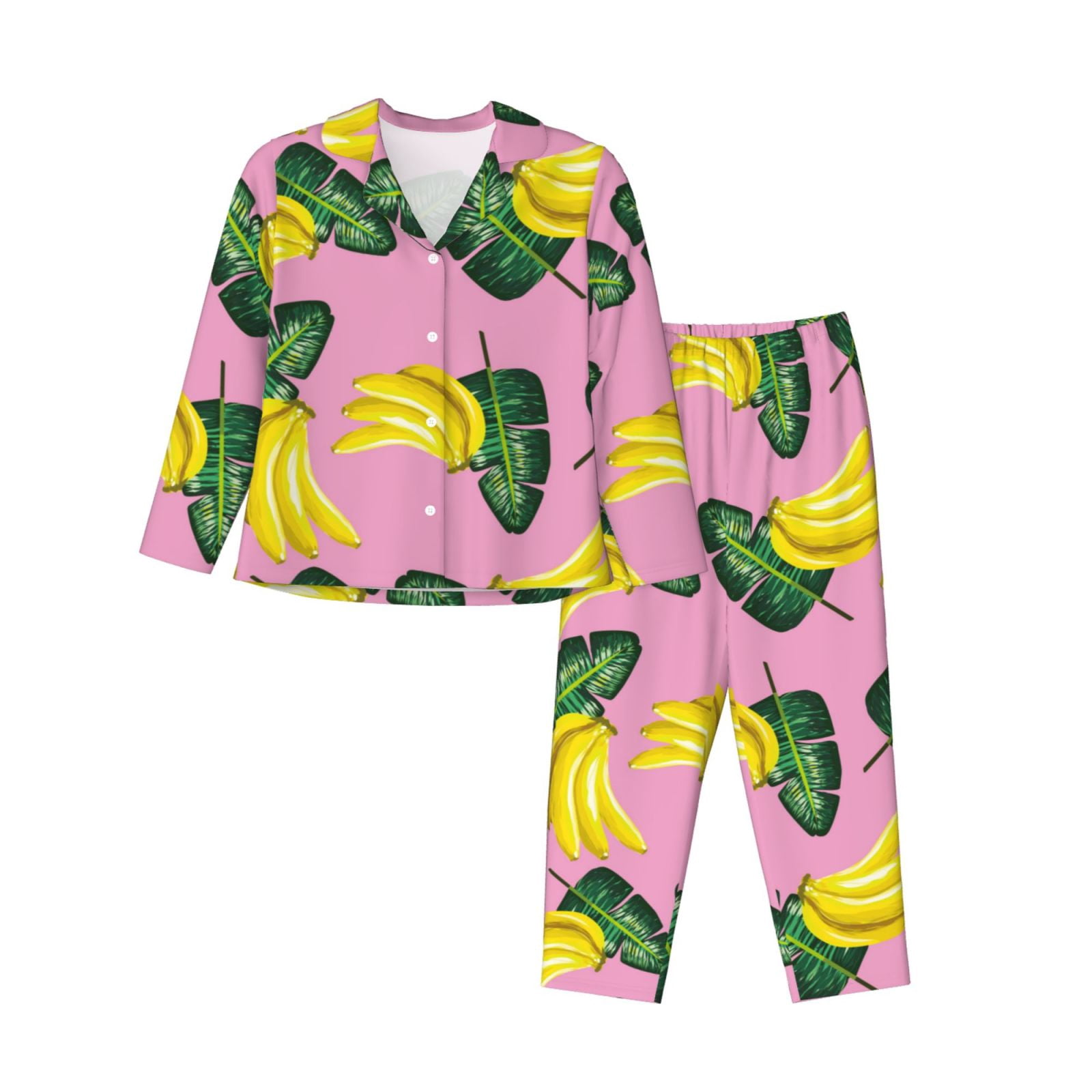 Pajamas for Women Set - Cute Banana Green Leaves Soft Comfy Long Sleeve ...