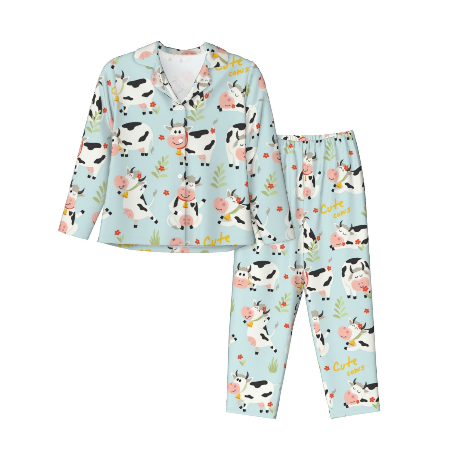 Pajamas for Women Set - Cute Cows Soft Comfy Long Sleeve Button Up ...