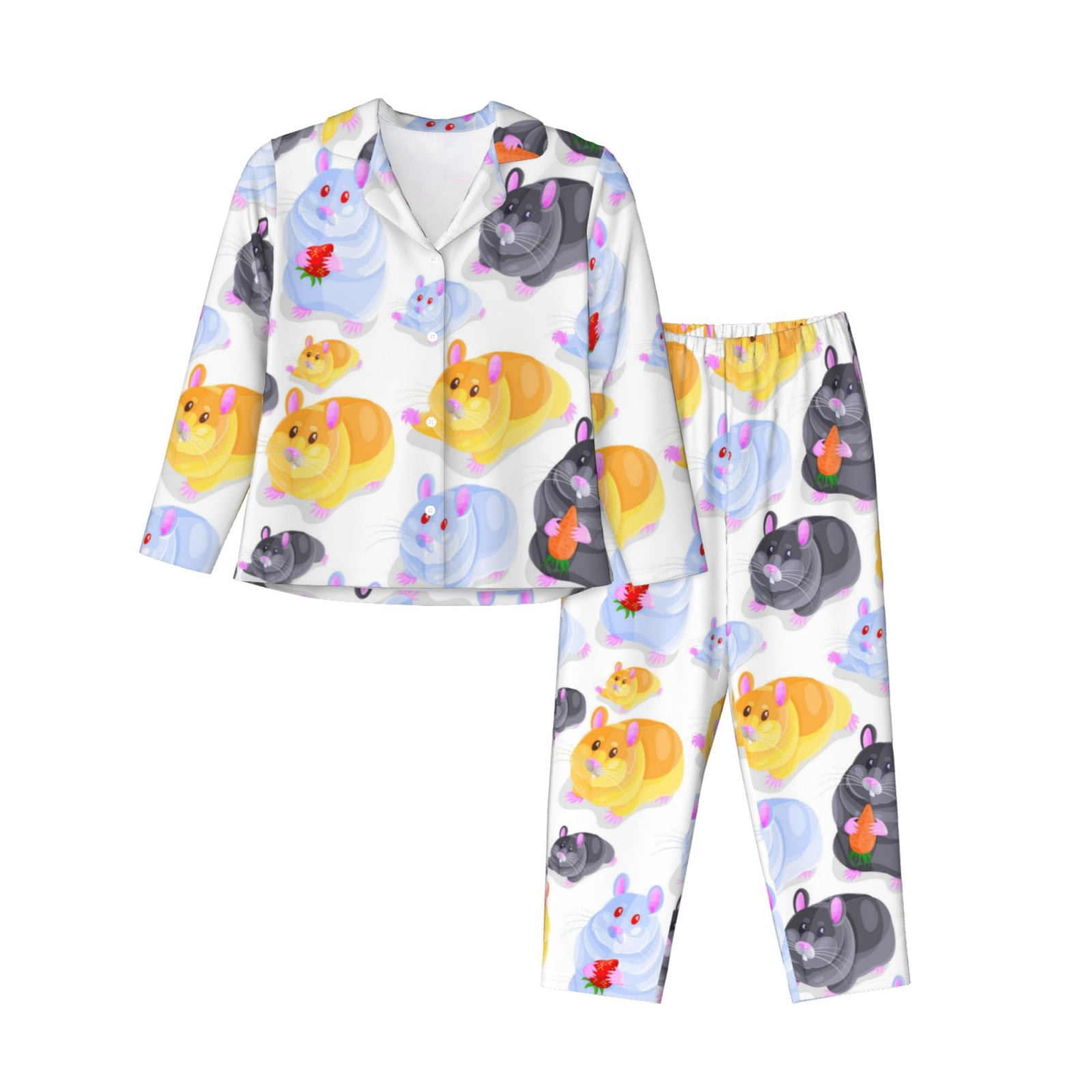 Pajamas for Women Set - Cute Hamster Black White Yellow Soft Comfy Long ...