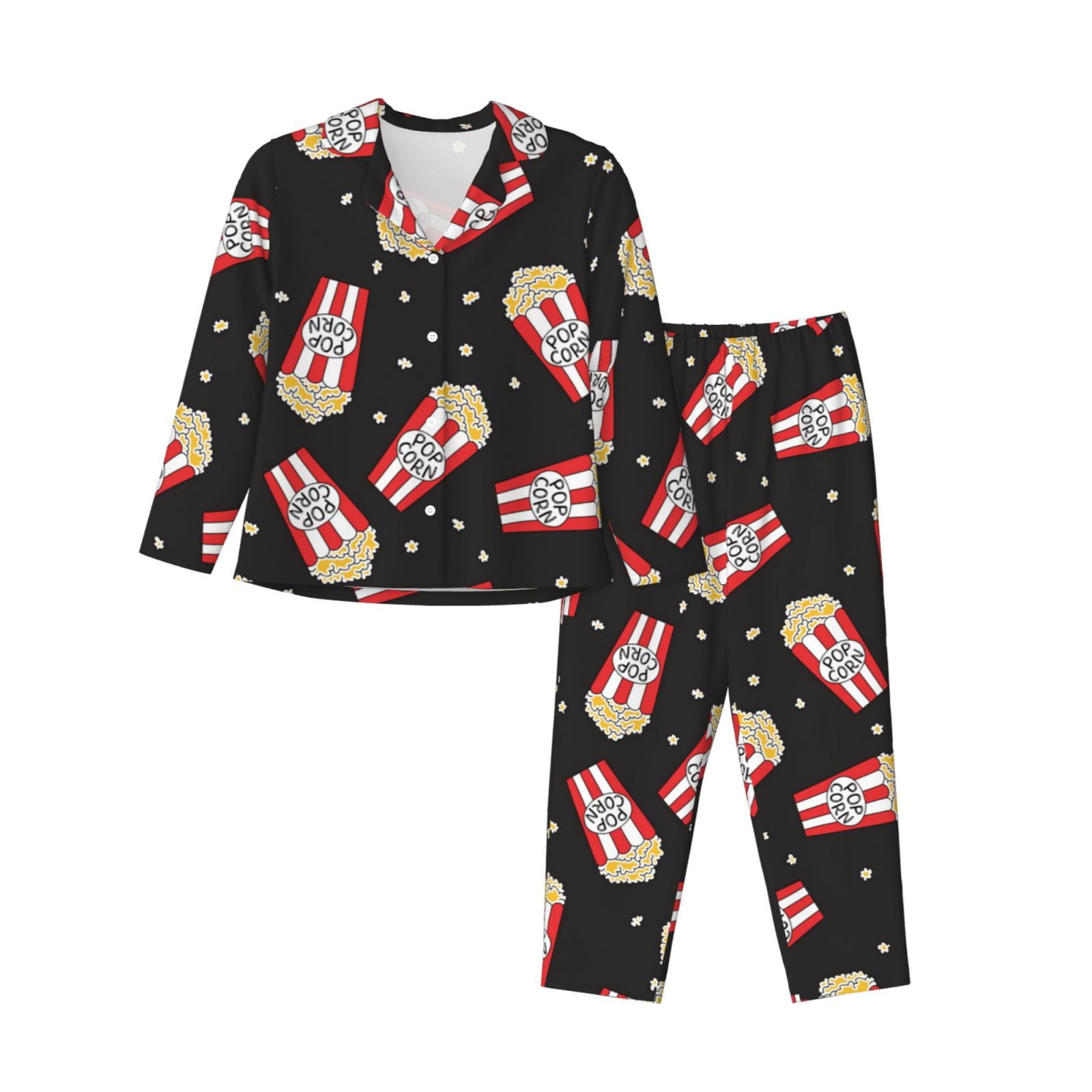 Pajamas for Women Set - Cute Popcorn Starry Sky Black Comfy Long Sleeve ...