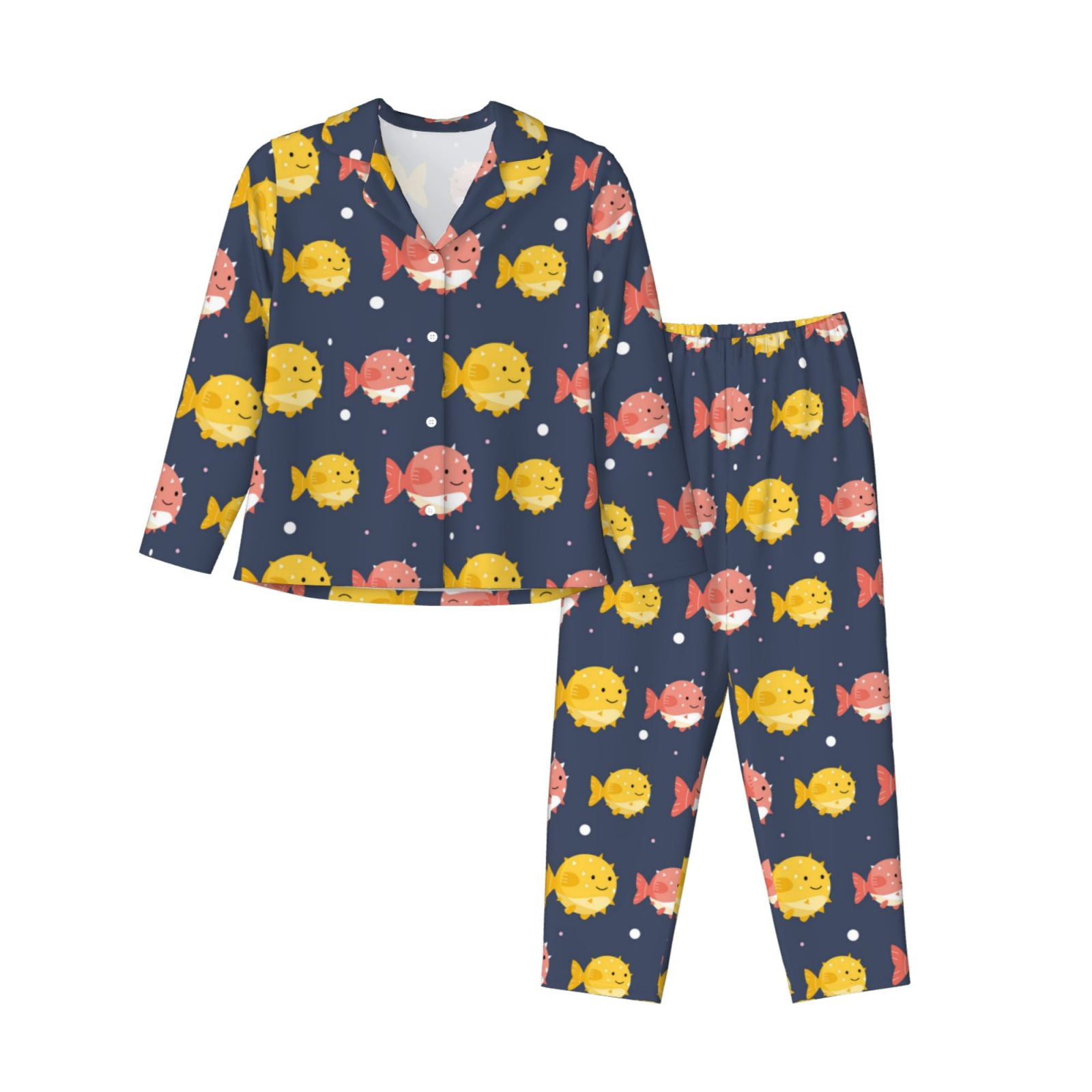 Pajamas for Women Set - Cute Puffer Fish Comfy Long Sleeve Button Up ...