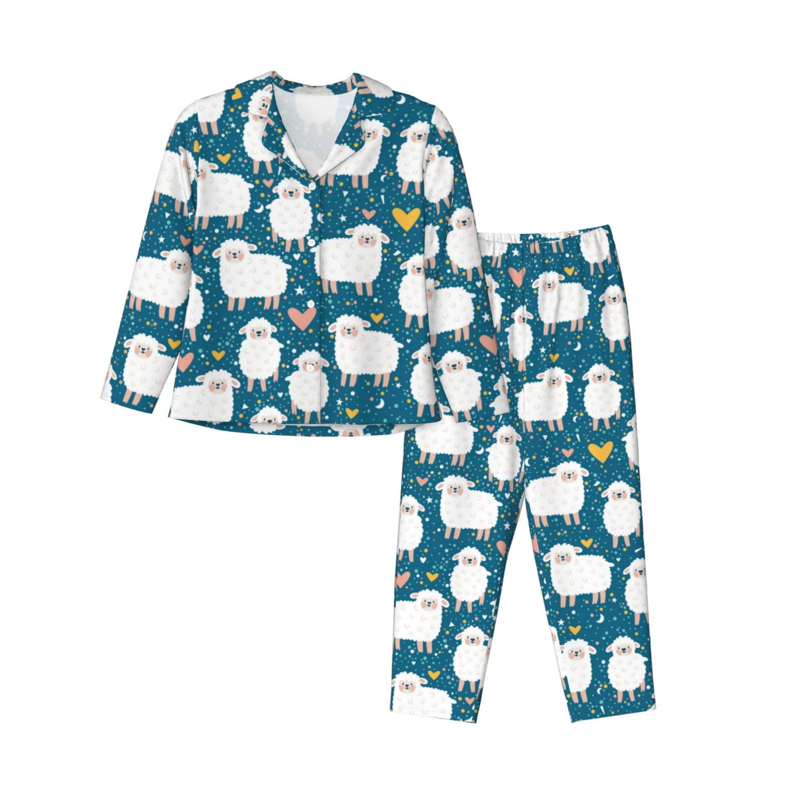 Pajamas for Women Set - Cute Sheep And Hearts Comfy Long Sleeve Button ...