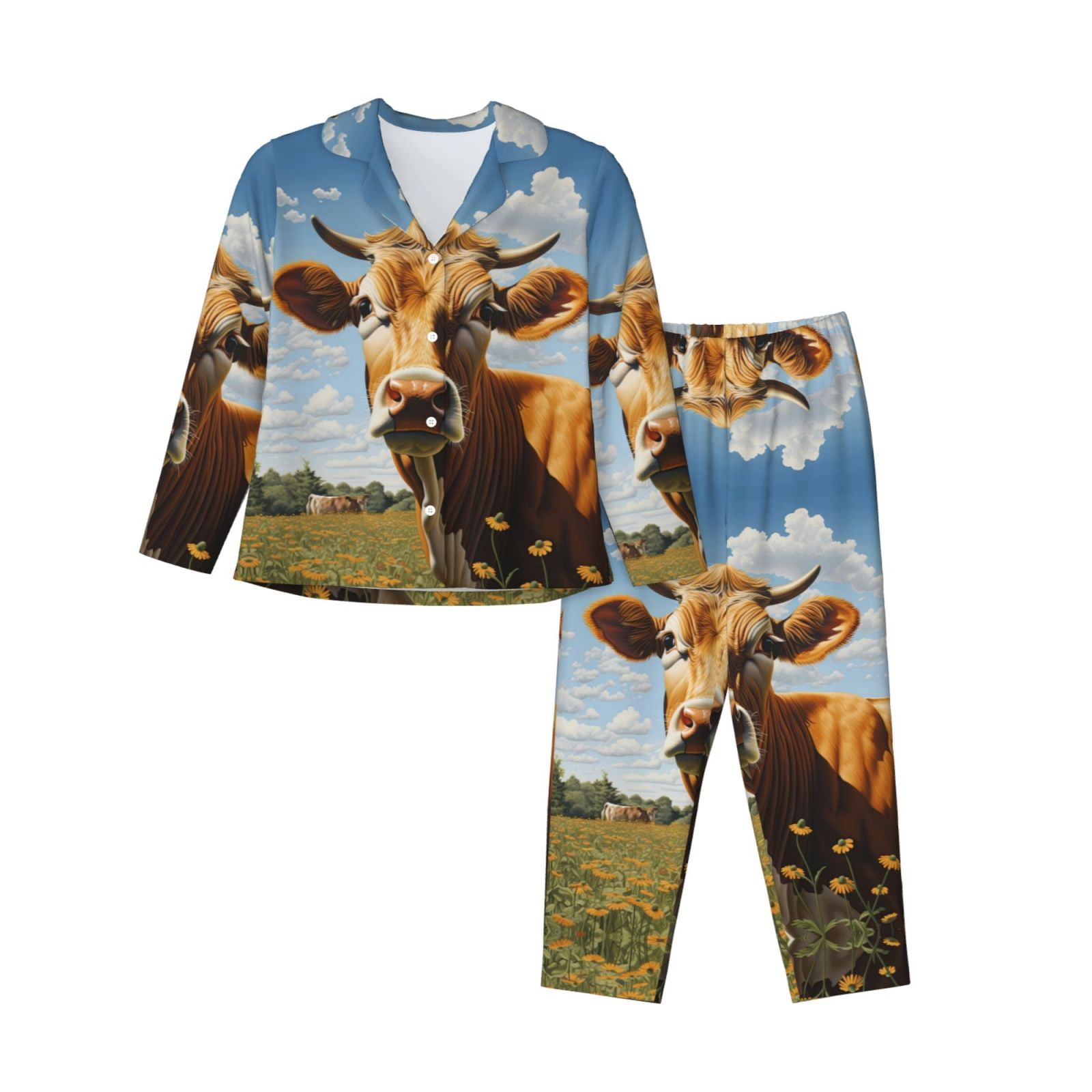 Pajamas for Women Set - Daisy Flower Field Cow Comfy Long Sleeve Button ...