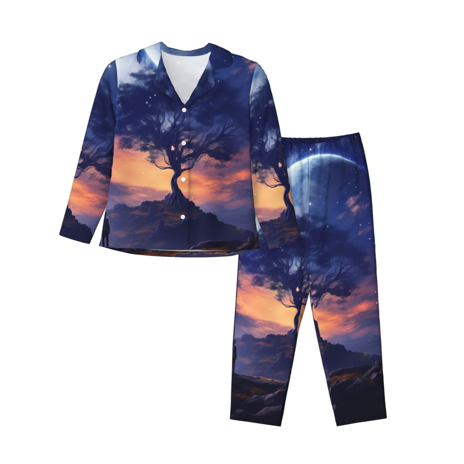 Pajamas for Women Set - Dreamy Starry Sky Tree Comfy Long Sleeve Button ...