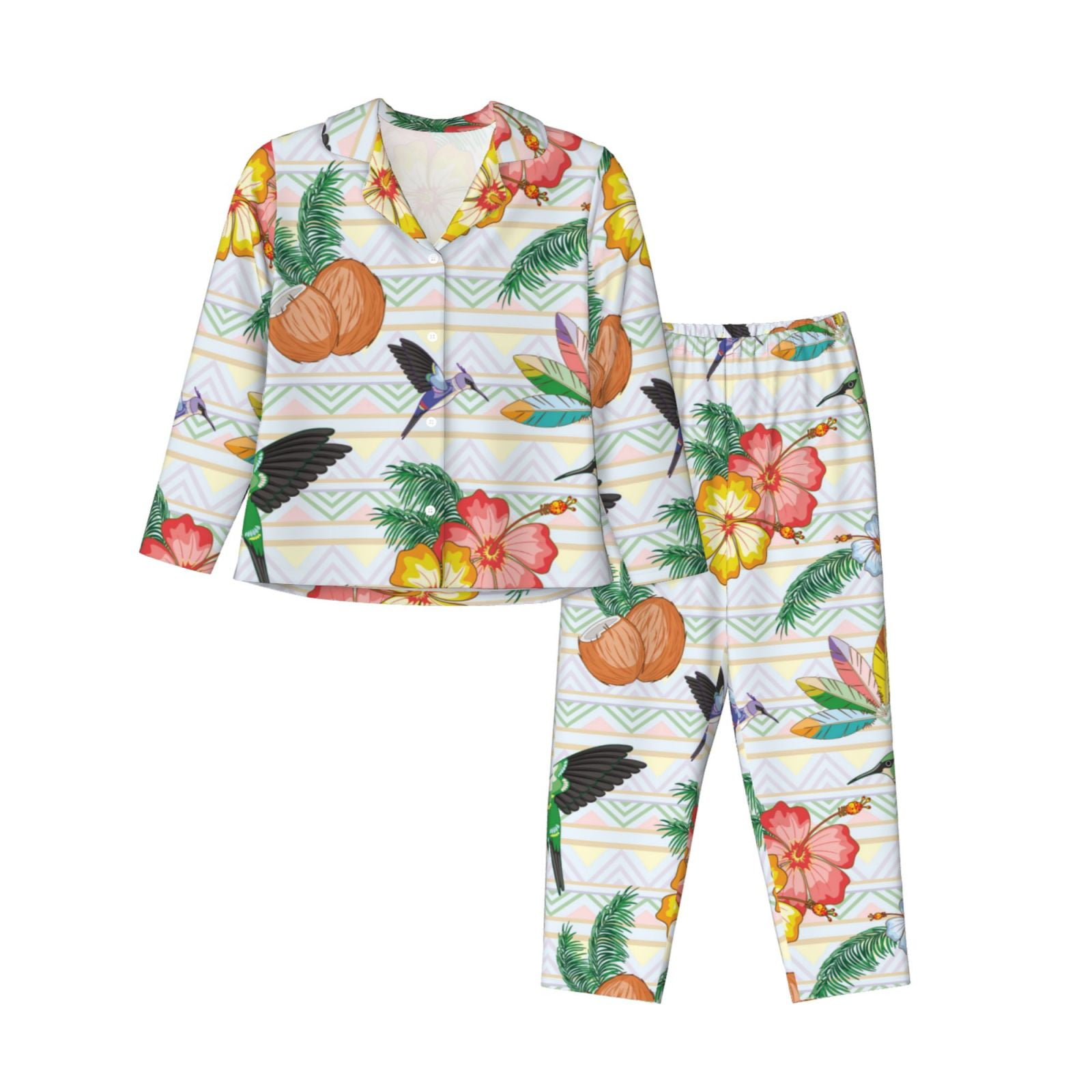 Pajamas for Women Set - Ethnic Hummingbird Flower Soft Comfy Long ...