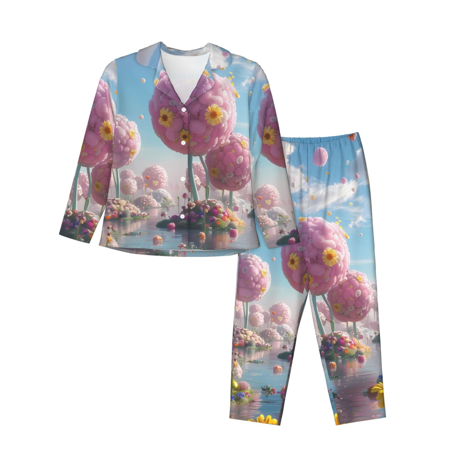 Pajamas for Women Set - Fantasy Floral Pink Landscape Comfy Long Sleeve ...