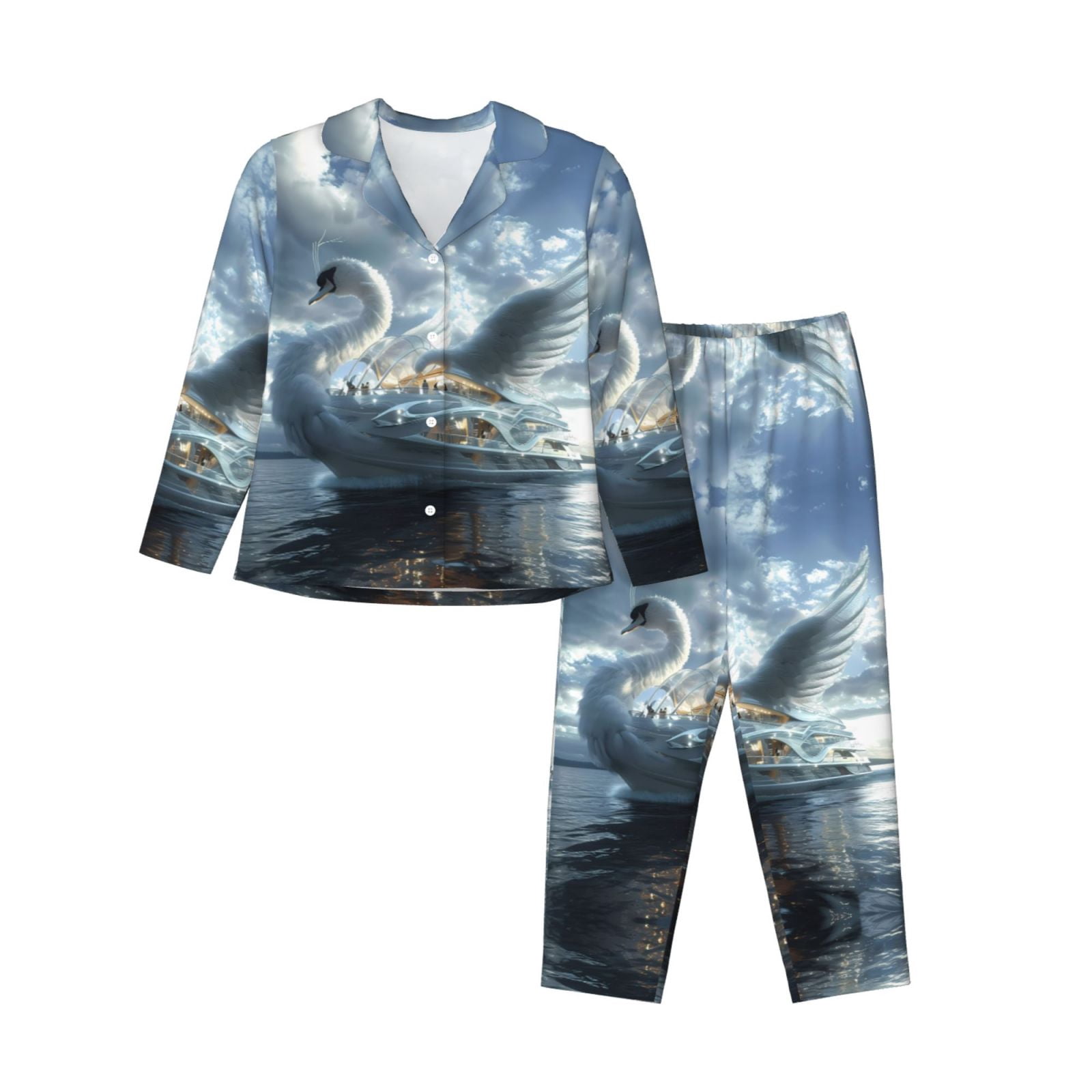 Pajamas for Women Set - Fantasy Swan Yacht Design Comfy Long Sleeve ...