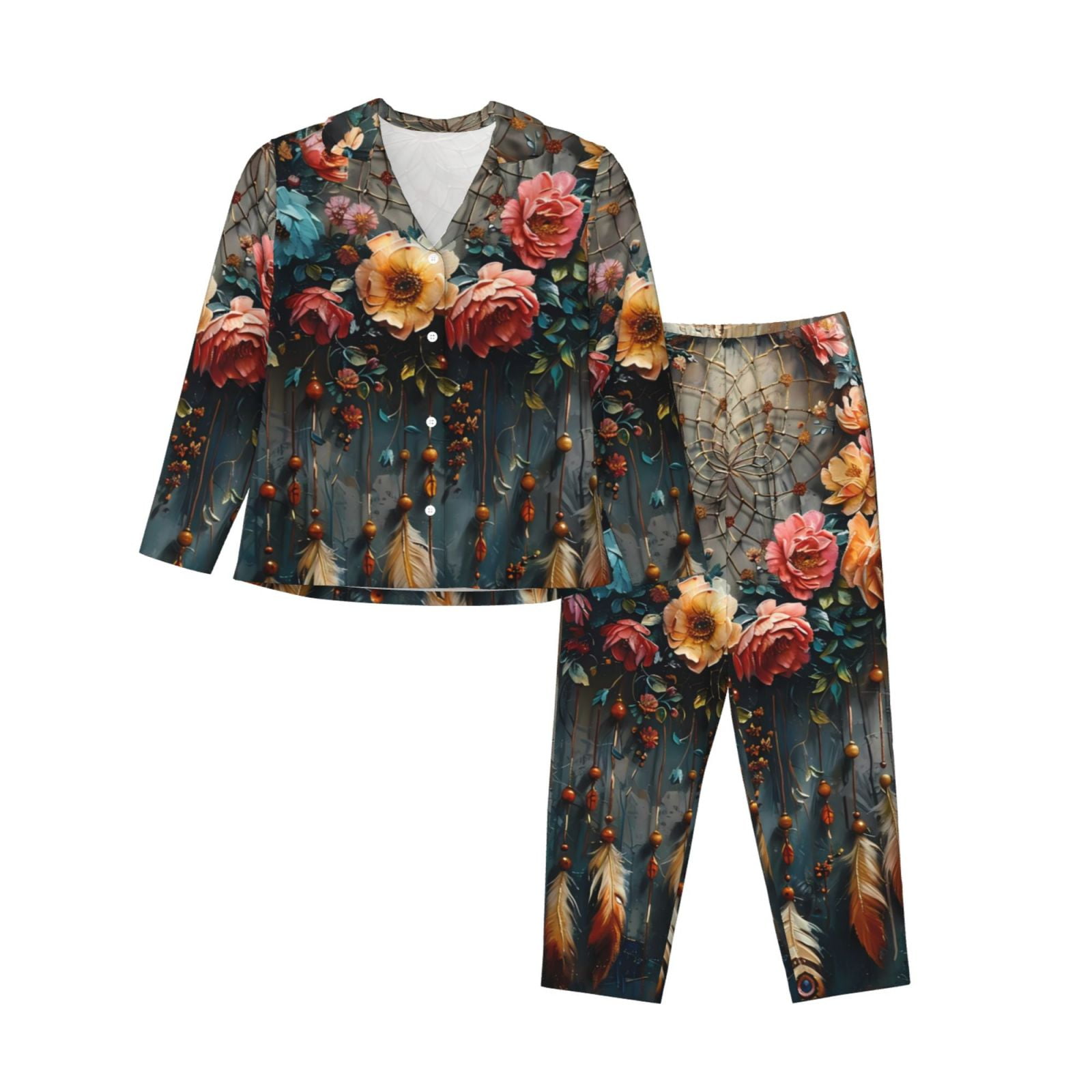 Pajamas for Women Set - Floral Dreamcatcher Elegance Comfy Long Sleeve ...
