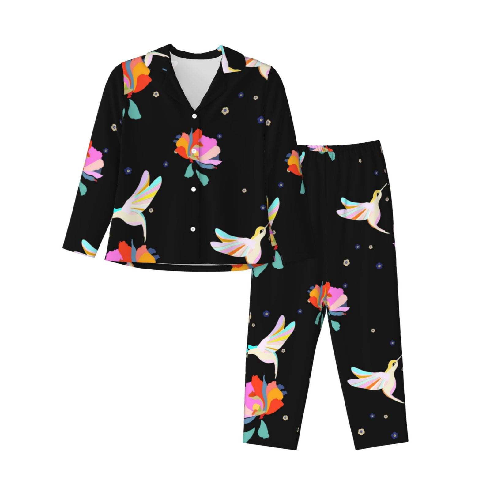 Pajamas for Women Set - Flower Hummingbird Black Comfy Long Sleeve ...