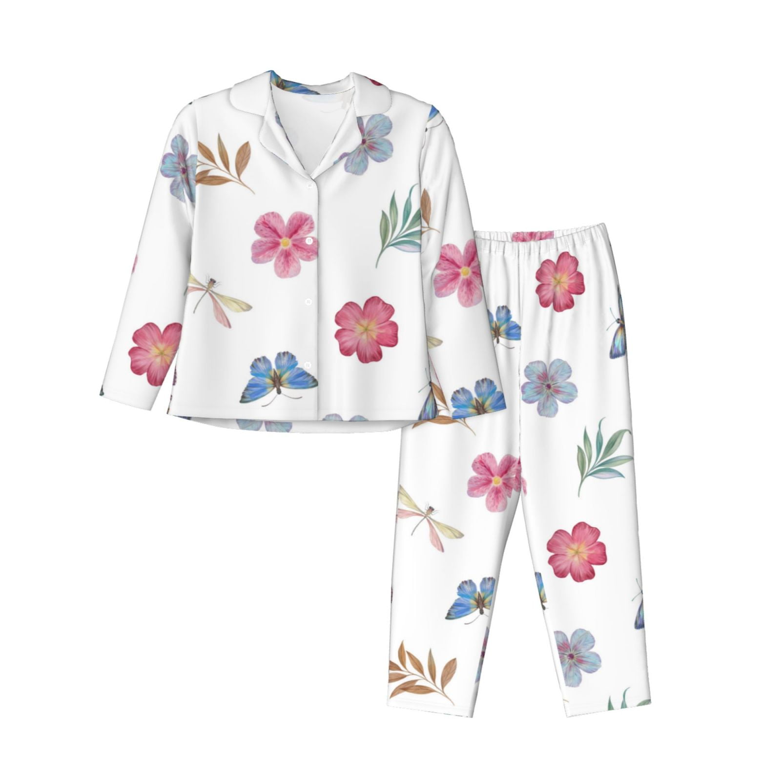 Pajamas for Women Set - Flower Leaf Butterfly Comfy Long Sleeve Button ...