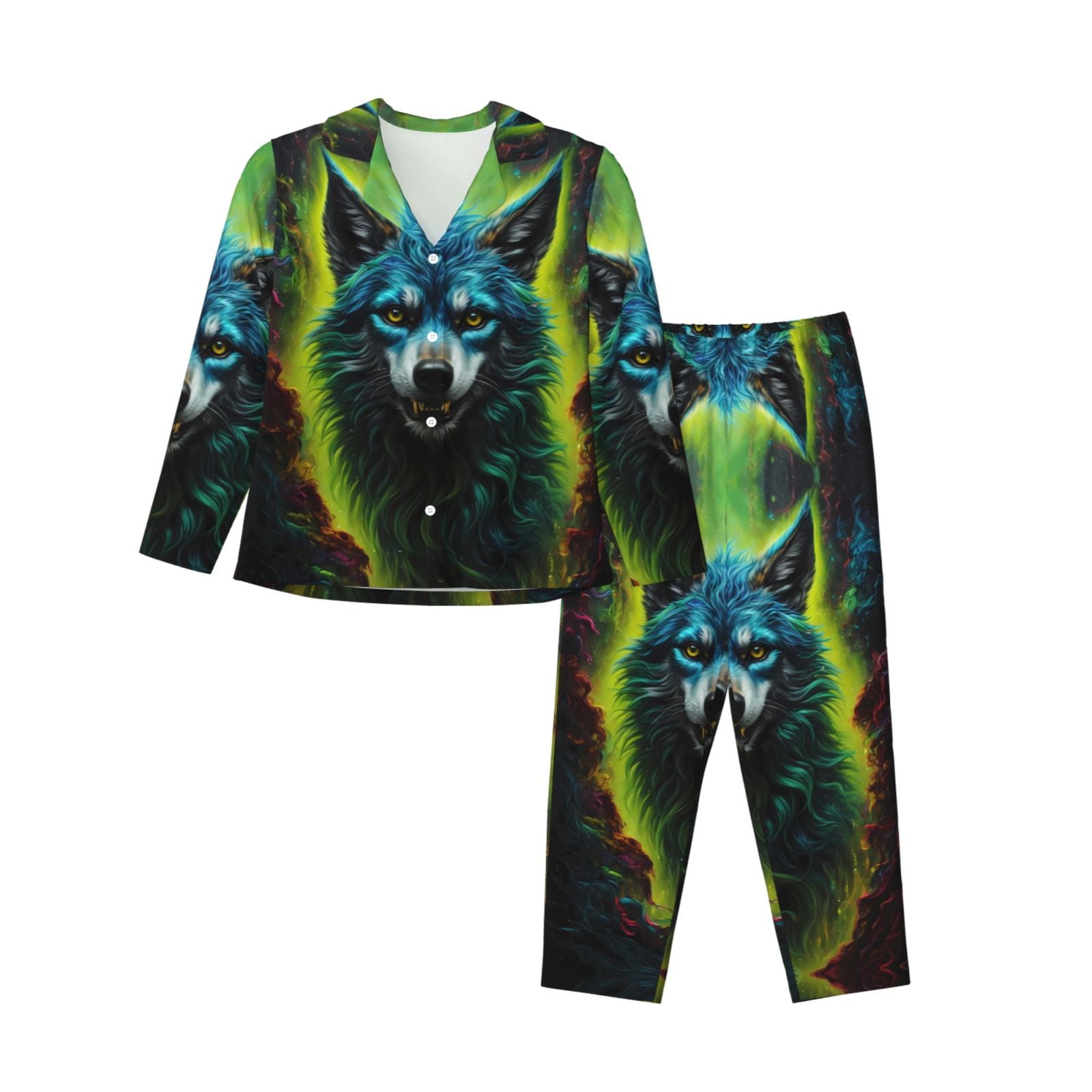 Pajamas for Women Set - Fluorescent Wolf Comfy Long Sleeve Button Up ...