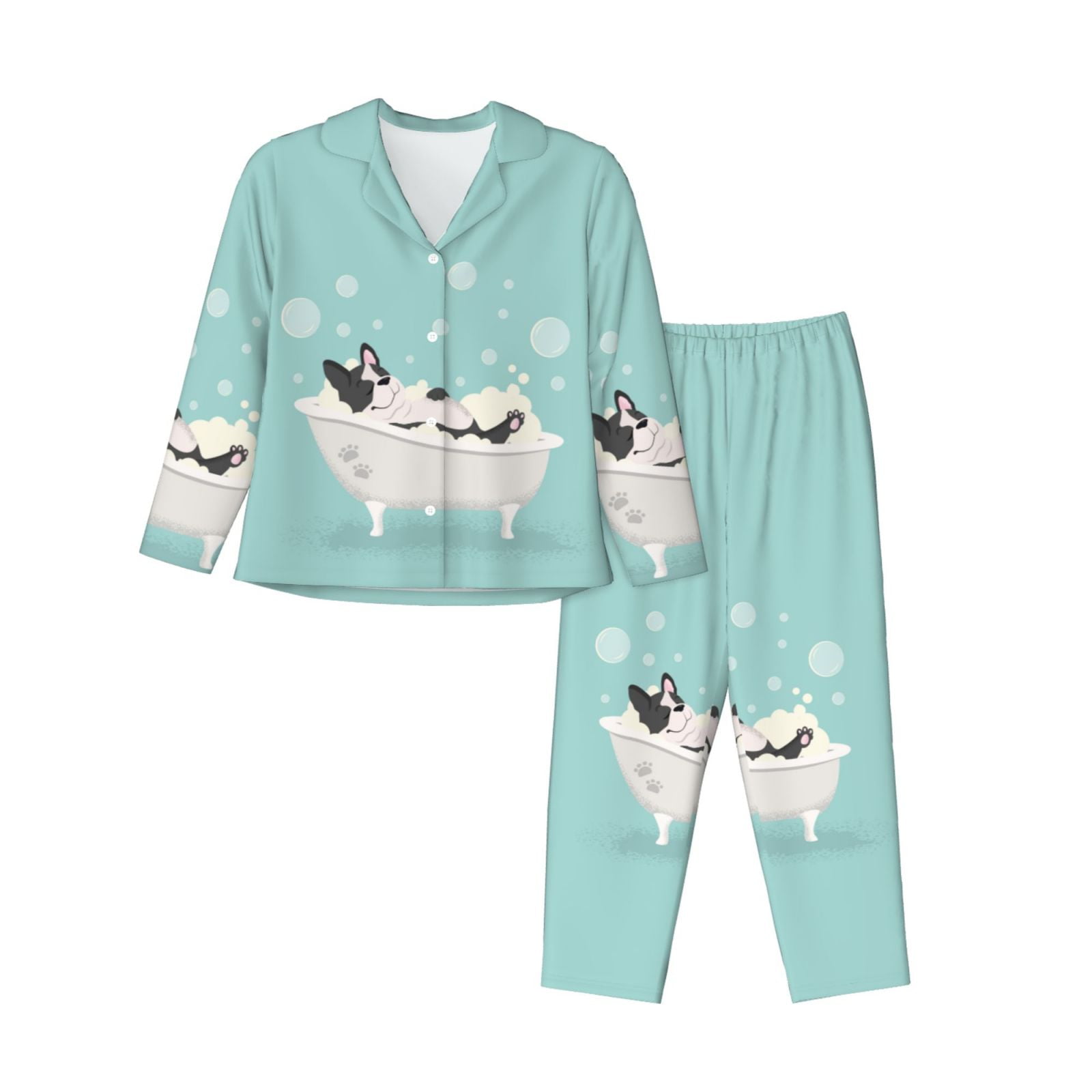 Pajamas for Women Set - French Bulldog Taking a Bath Comfy Long Sleeve ...