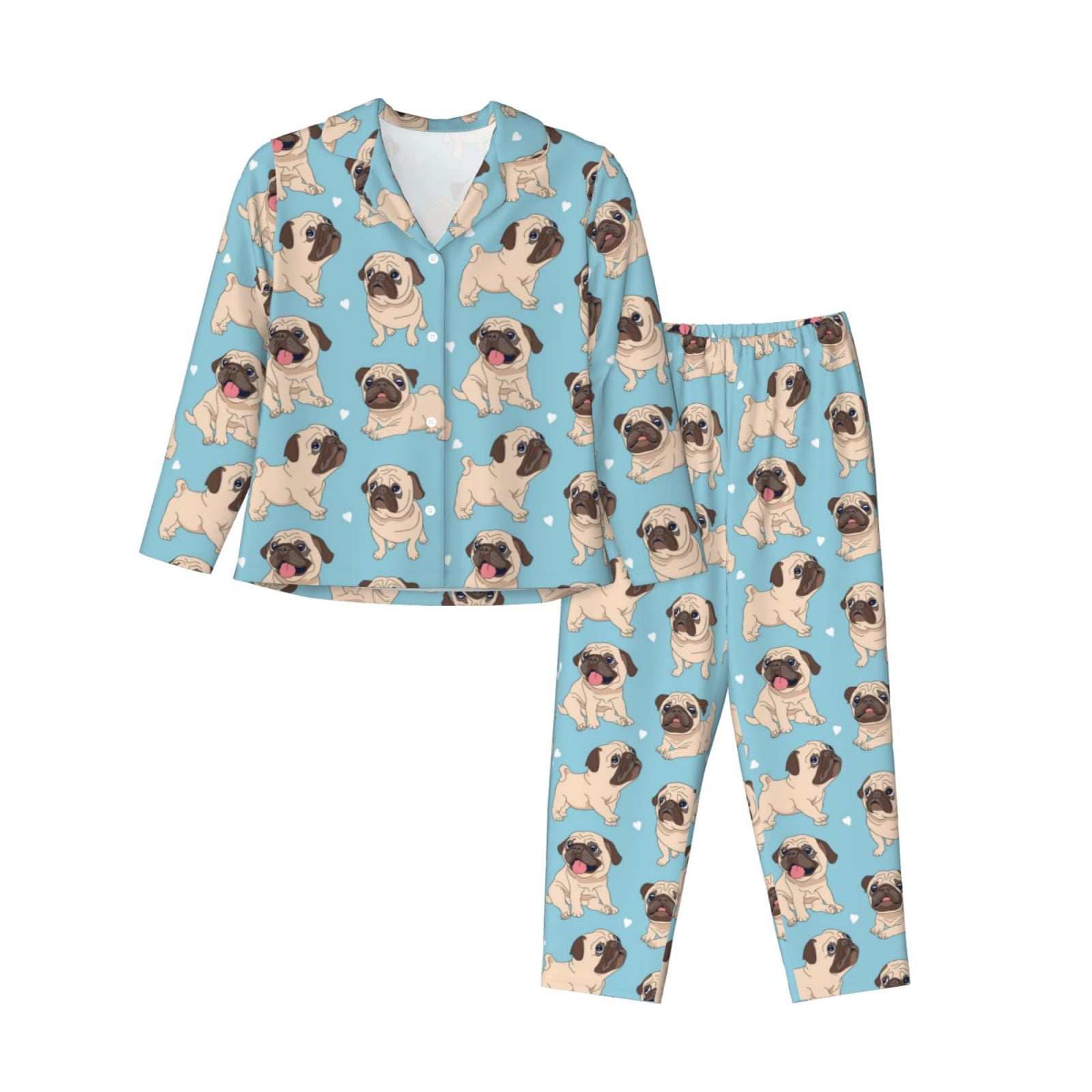 Pajamas for Women Set - Funny Cartoon Pugs Comfy Long Sleeve Button Up ...