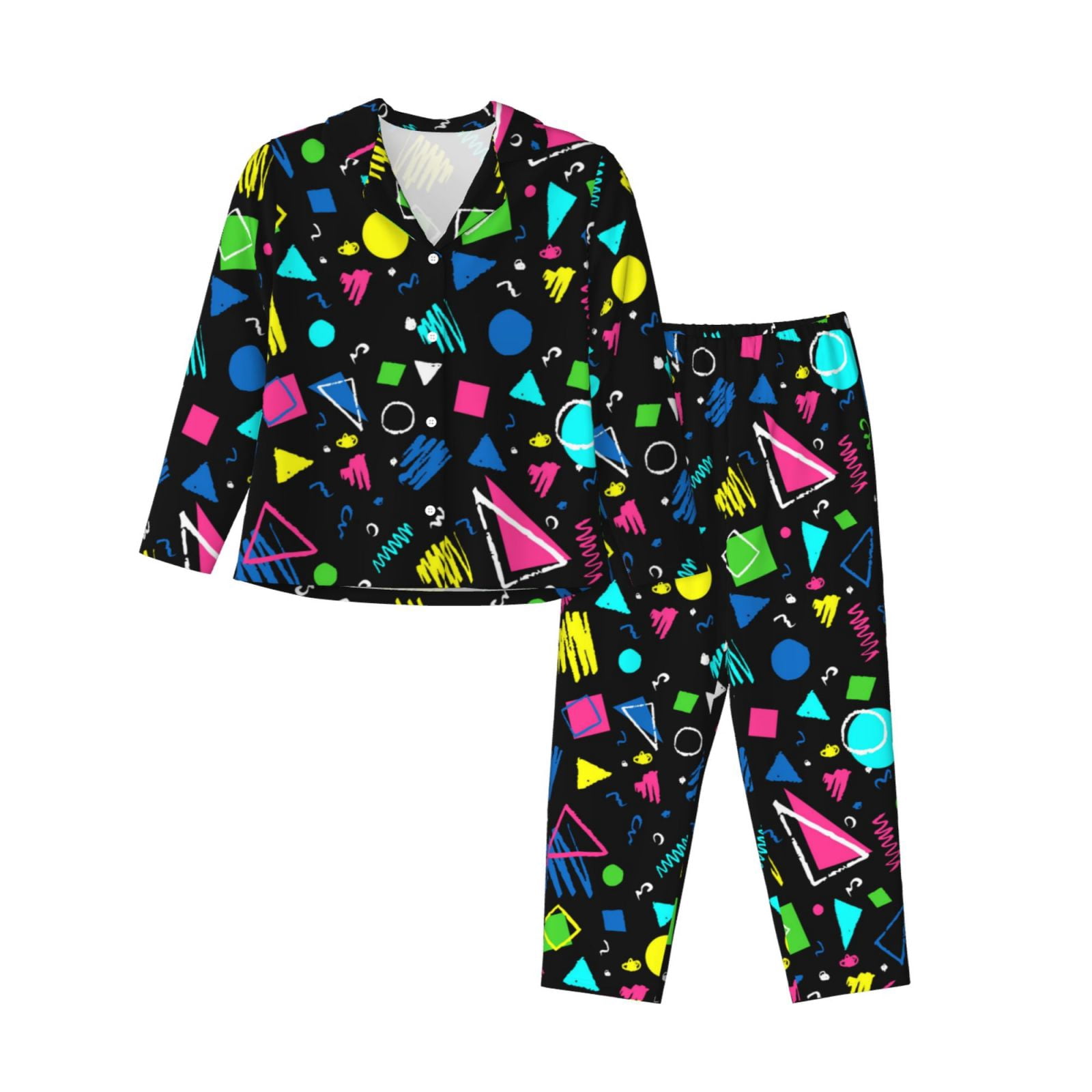 Pajamas for Women Set - Geometric 1980s Styled Comfy Long Sleeve Button ...