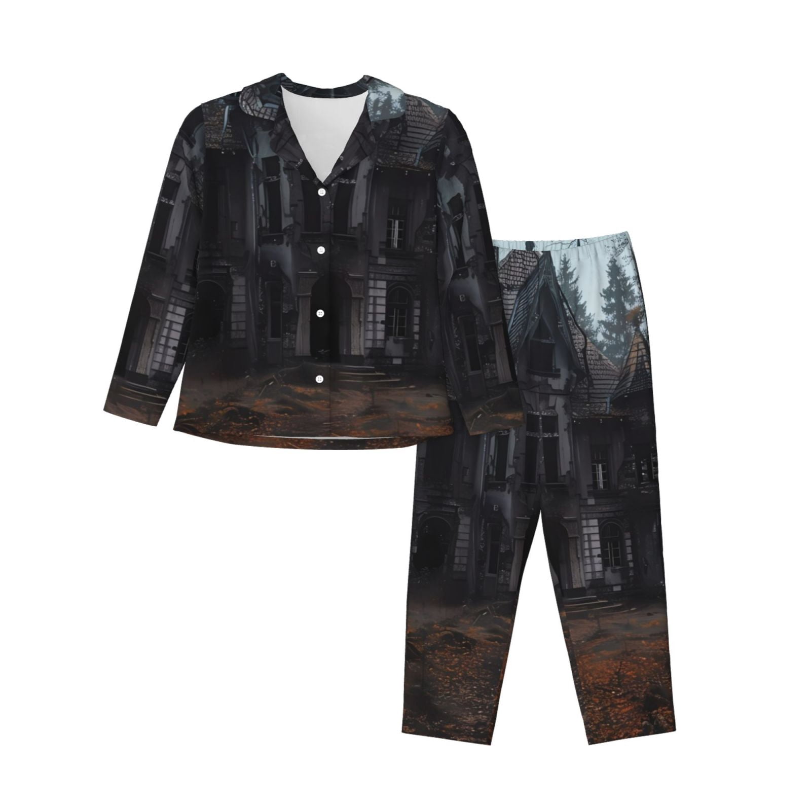 Pajamas for Women Set - Gloomy Mansion Forest Scene Comfy Long Sleeve ...