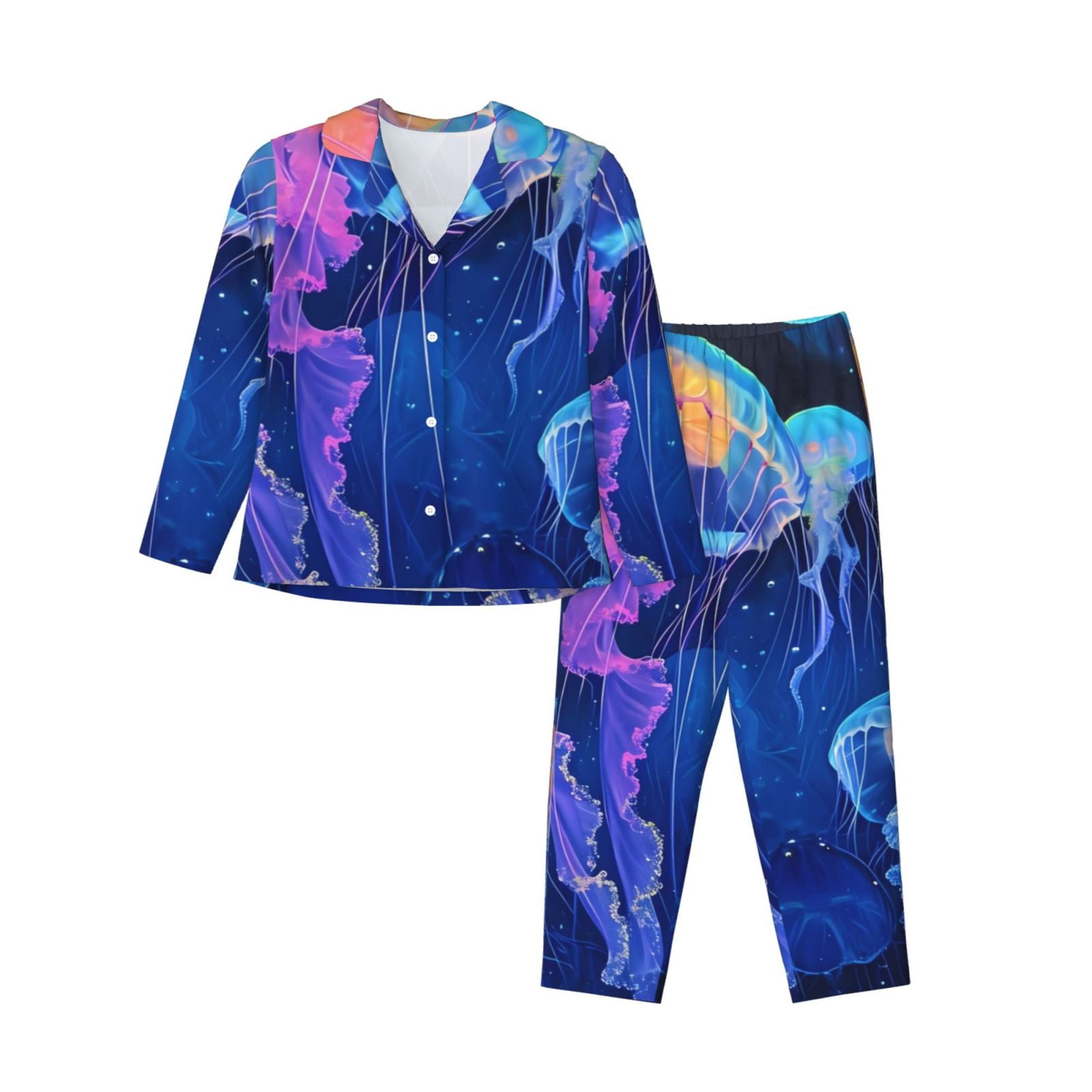 Pajamas for Women Set - Glowing Deep Sea Jellyfish Comfy Long Sleeve ...