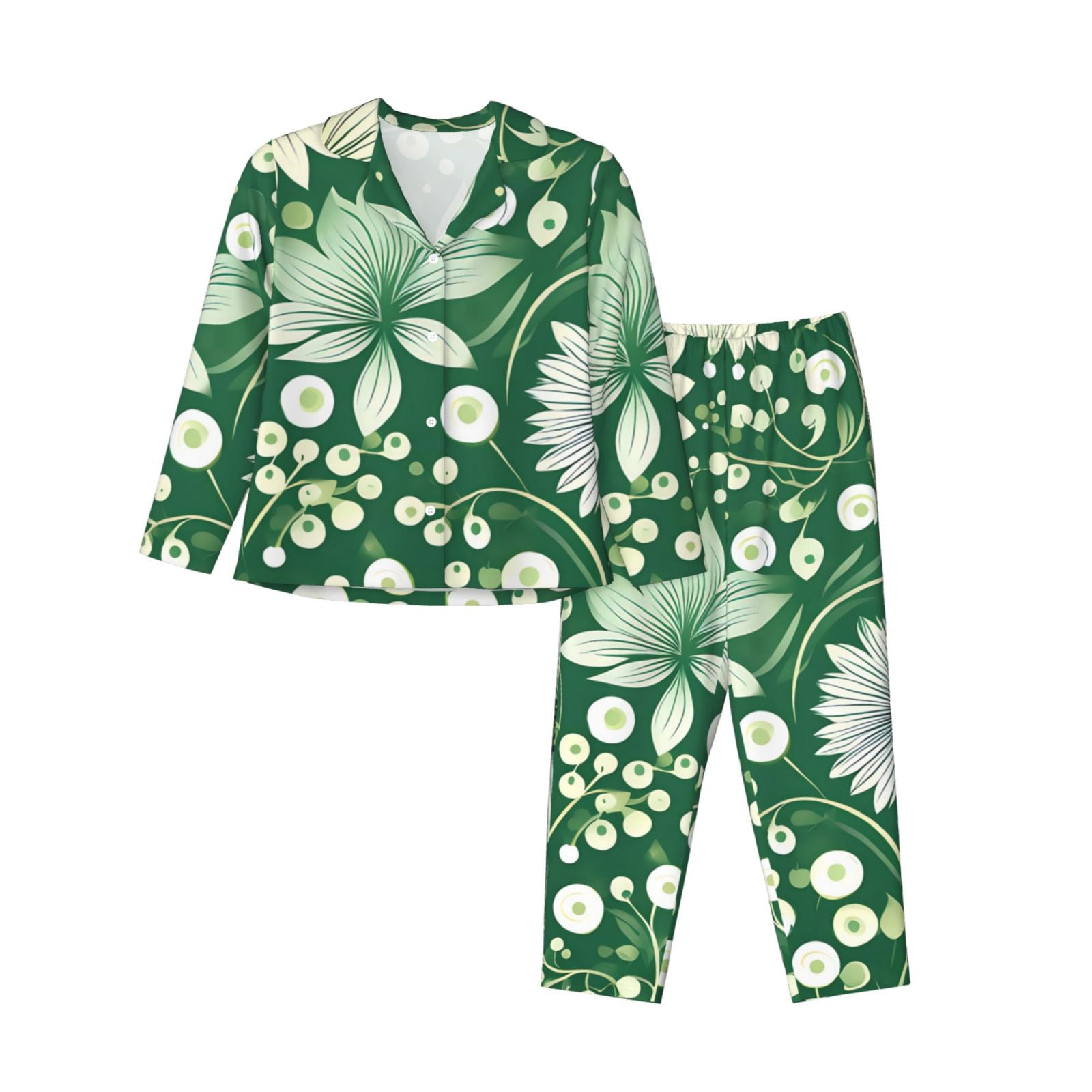 Pajamas for Women Set - Green Floral Botanical Comfy Long Sleeve Button ...