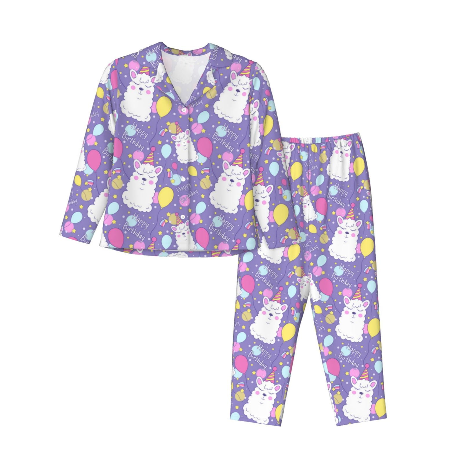 Pajamas for Women Set - Happy Birthday Alpaca Balloon Comfy Long Sleeve ...