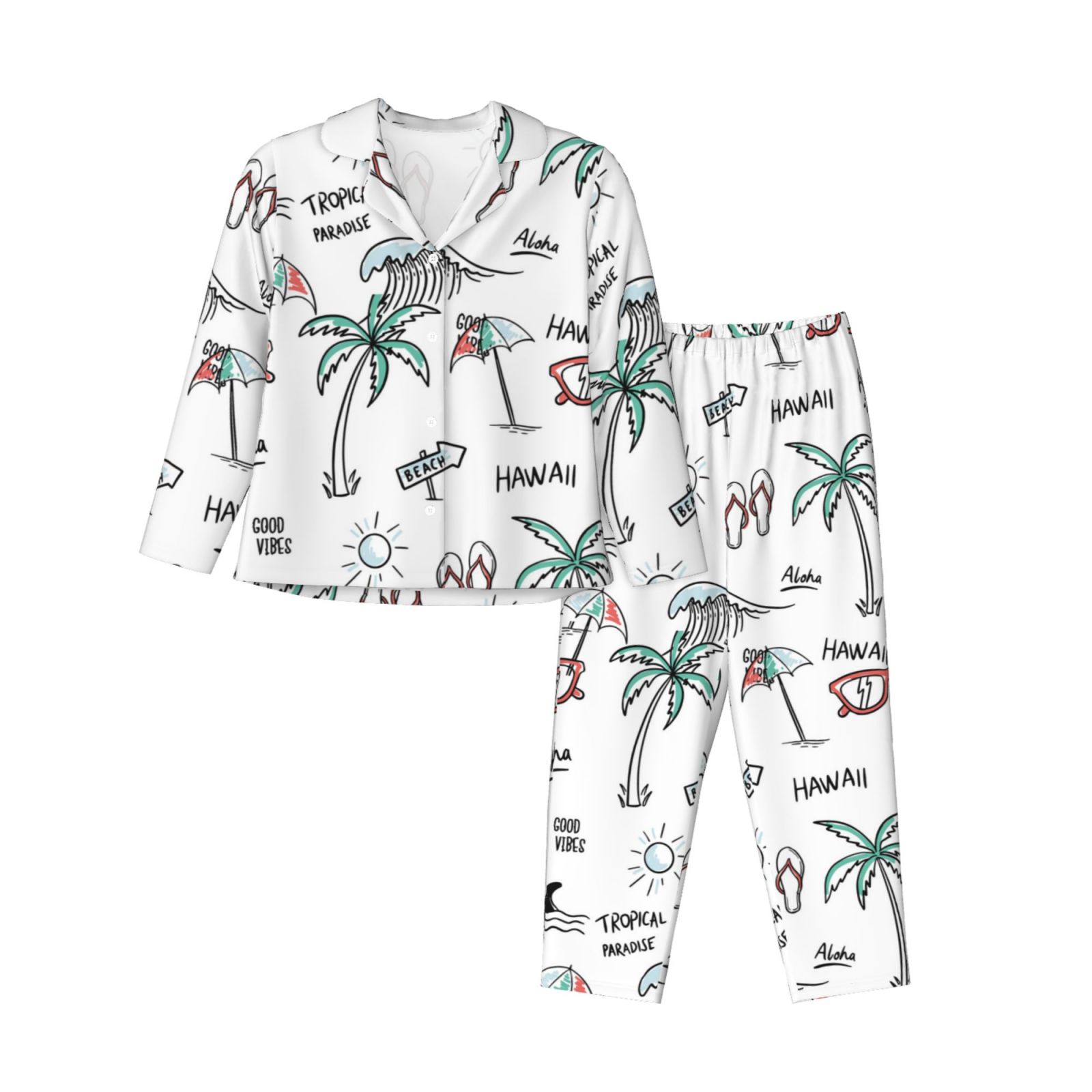 Pajamas for Women Set - Hawaii Palm trees flip flops Soft Comfy Long ...