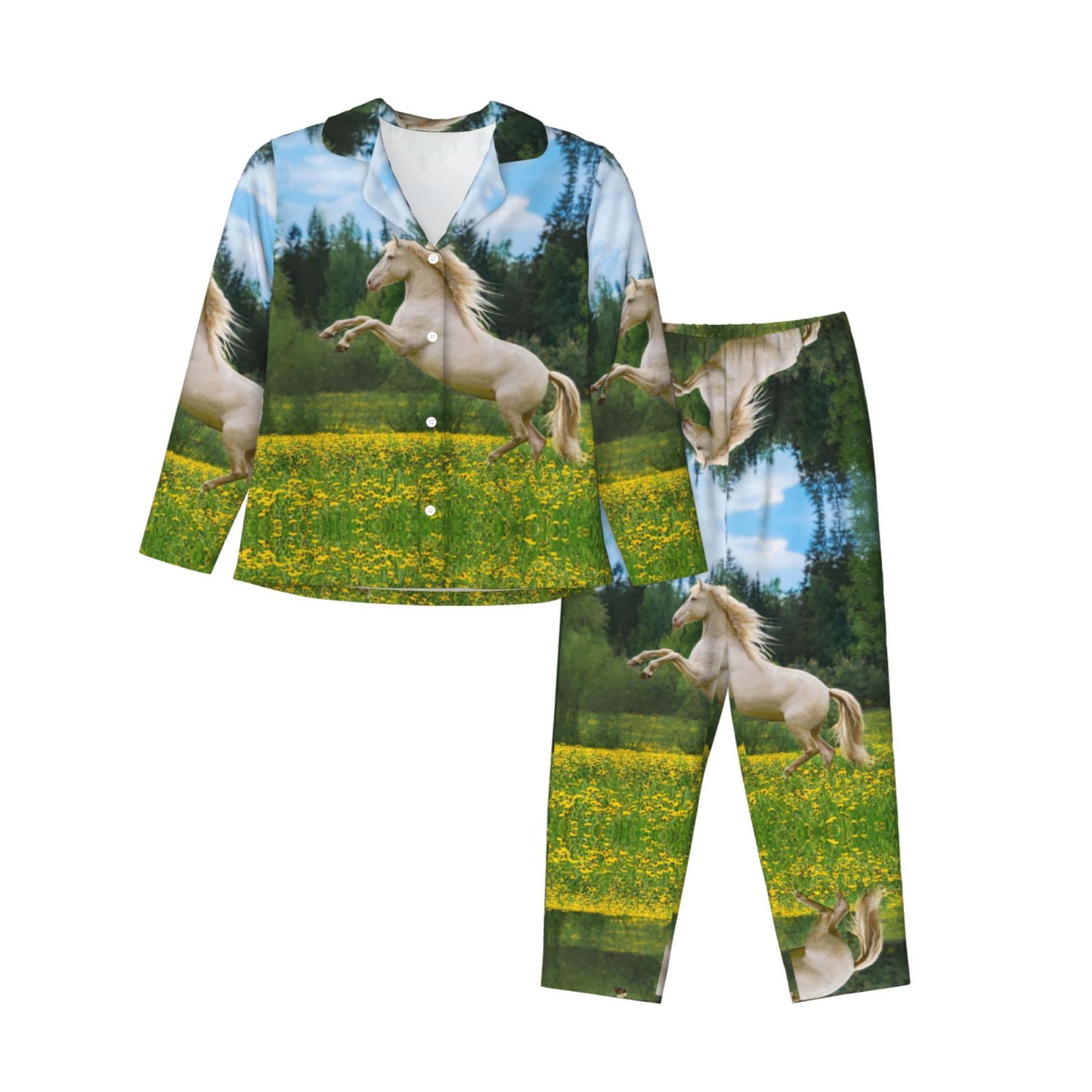 Pajamas for Women Set - Horse Rearing Up In The Field Comfy Long Sleeve ...